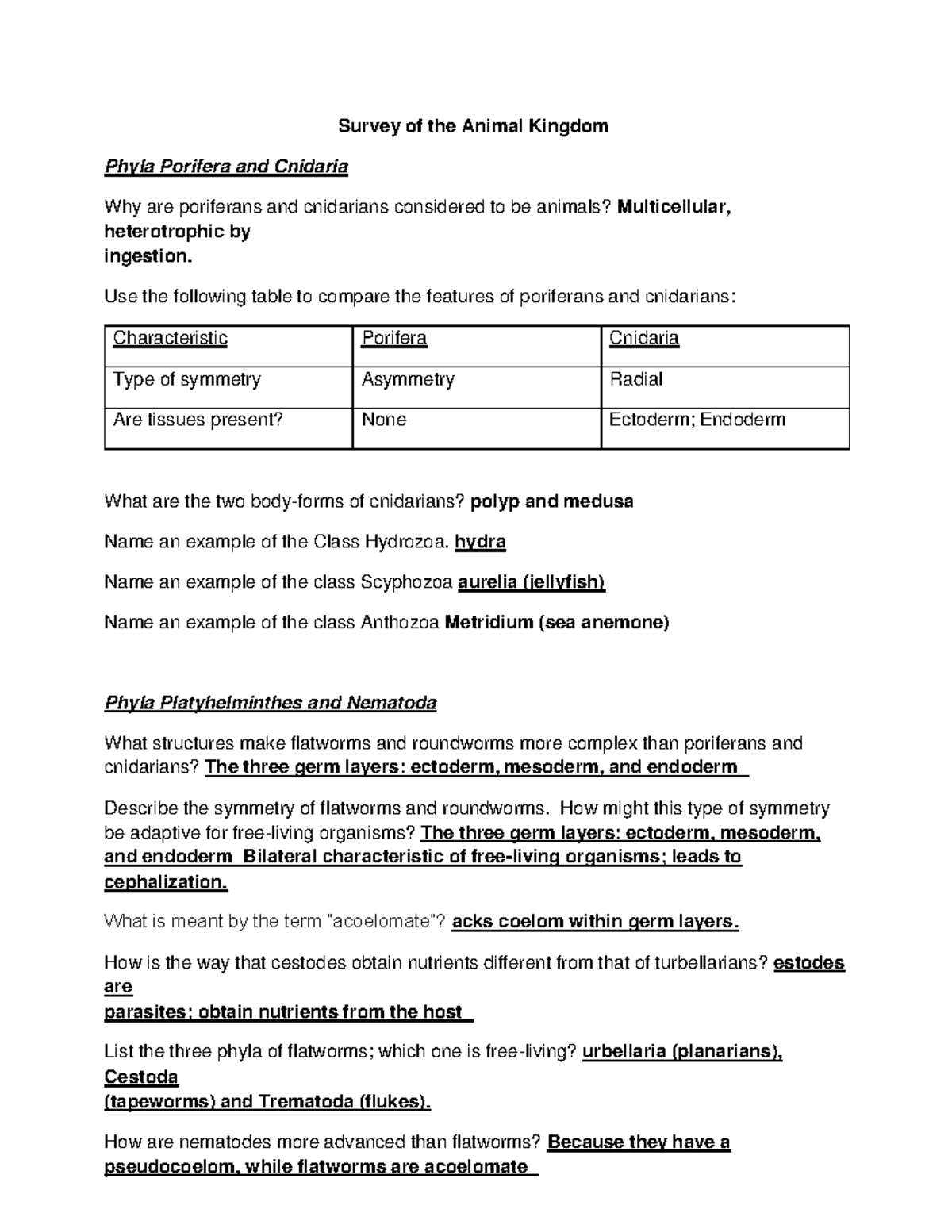 Animalia Worksheet 2020 - Survey of the Animal Kingdom Phyla Porifera ...