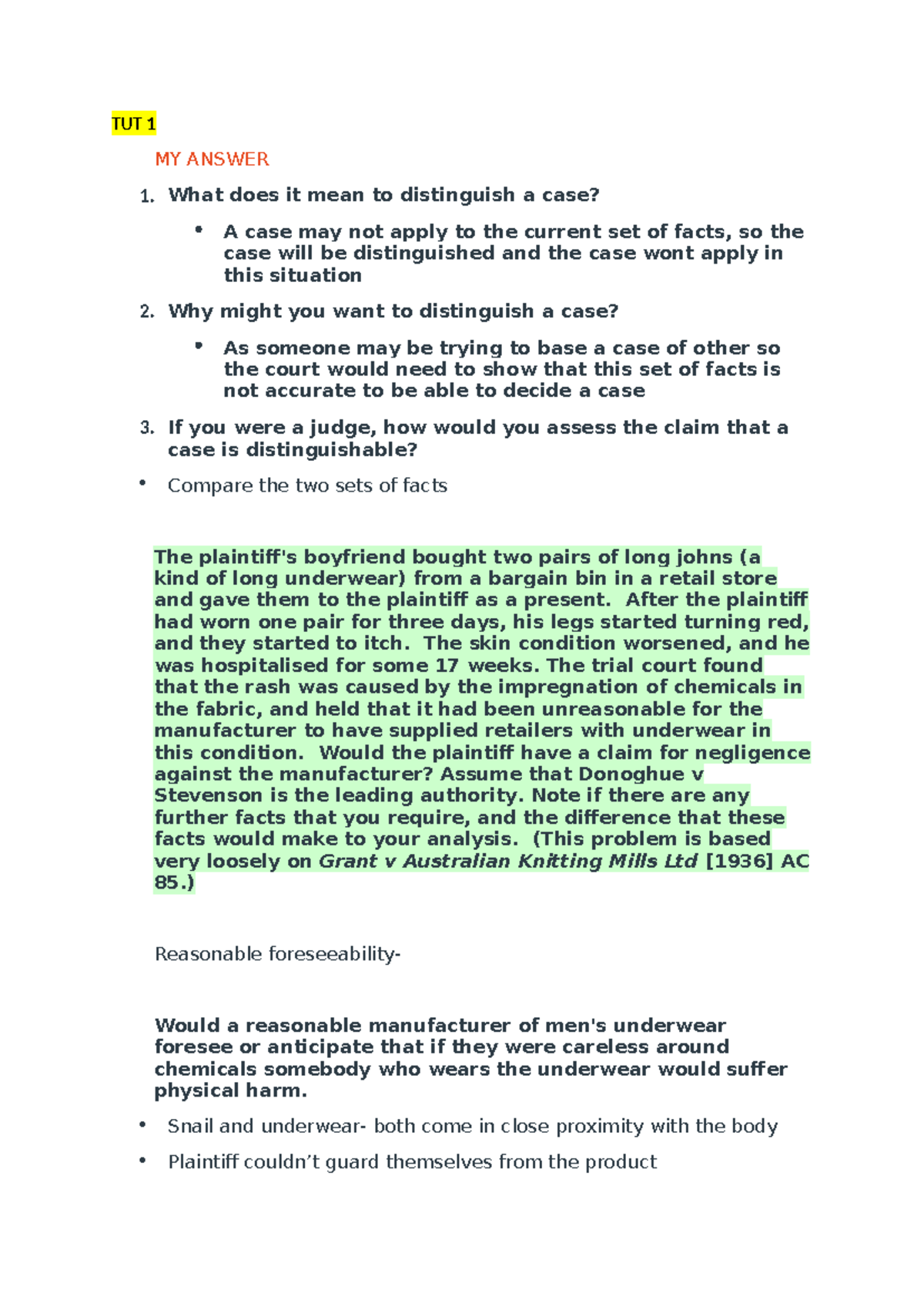 Tut for torts - tut work - TUT 1 MY ANSWER 1. What does it mean to ...