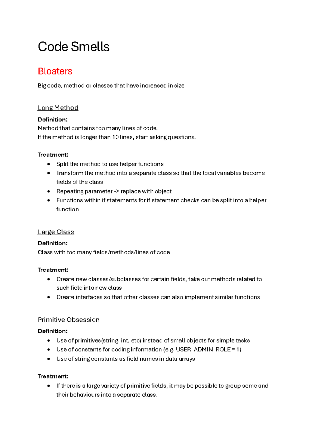 COMP2511 Revision notes - Code Smells Bloaters Big code, method or ...