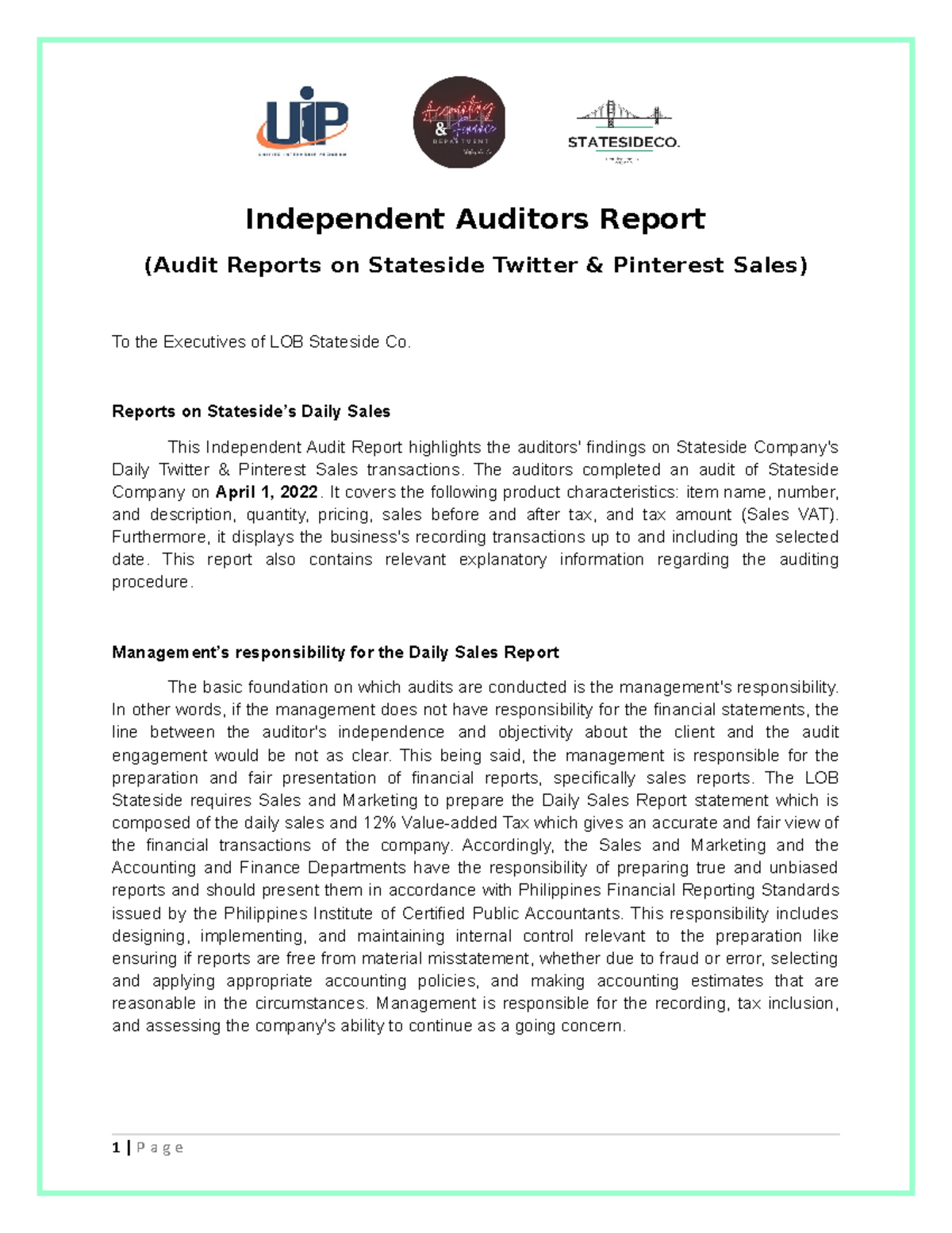 Audit Reports - April 01 2022 Sales - Independent Auditors Report ...