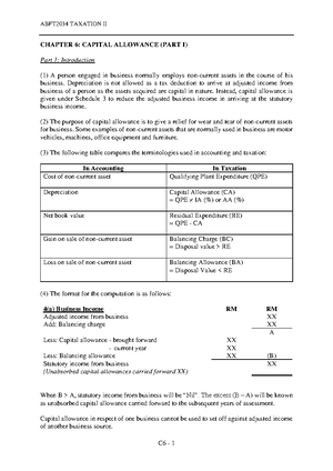 ABFT2034 Chapter 6 CA (Part I) - CHAPTER 6: CAPITAL ALLOWANCE (PART I) Part 1: Introduction (1 ...