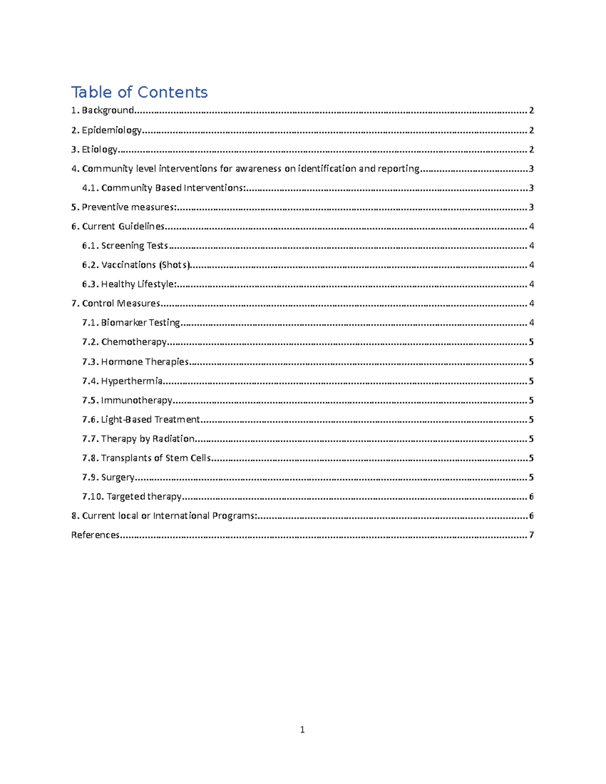 Essay On Cancer - Table of Contents - Studocu