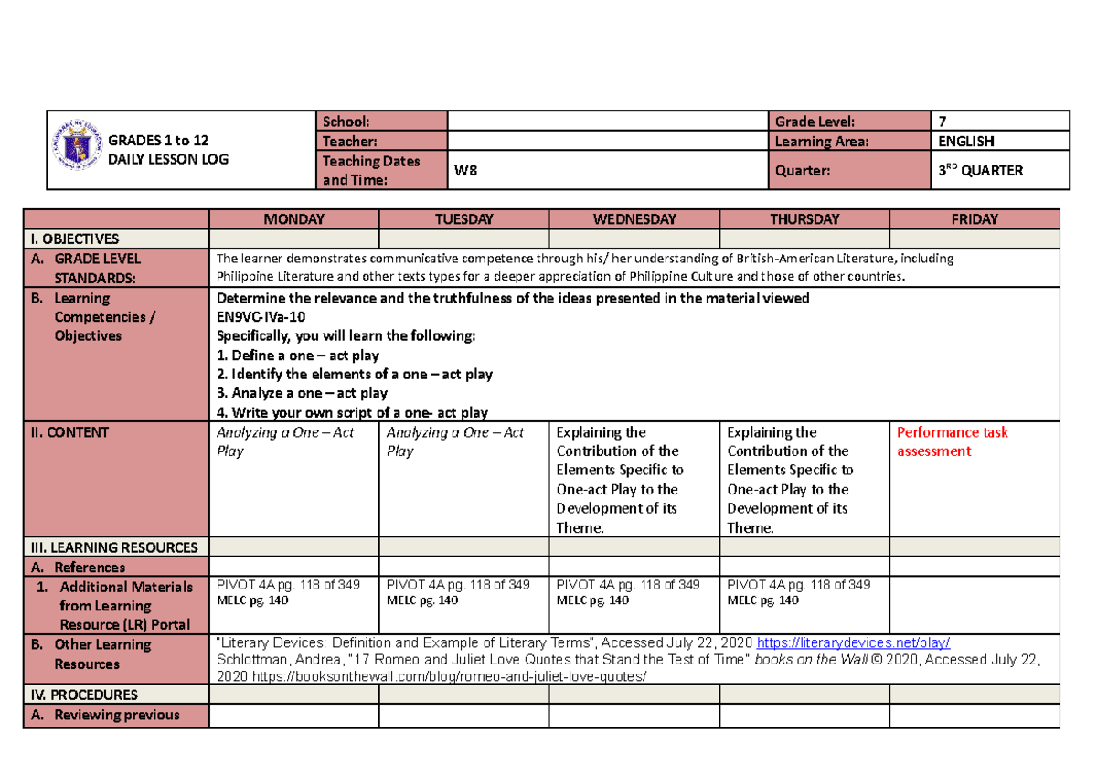 English 9 q3 w8 - welcome - GRADES 1 to 12 DAILY LESSON LOG School ...