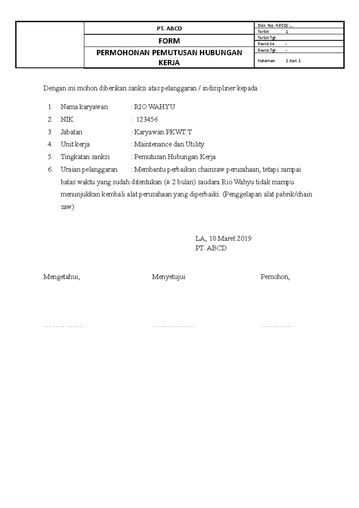 PHK Karyawan - Manajemen SDM - PT. ABCD Dok. No. ABCD/..... Terbit 1 ...