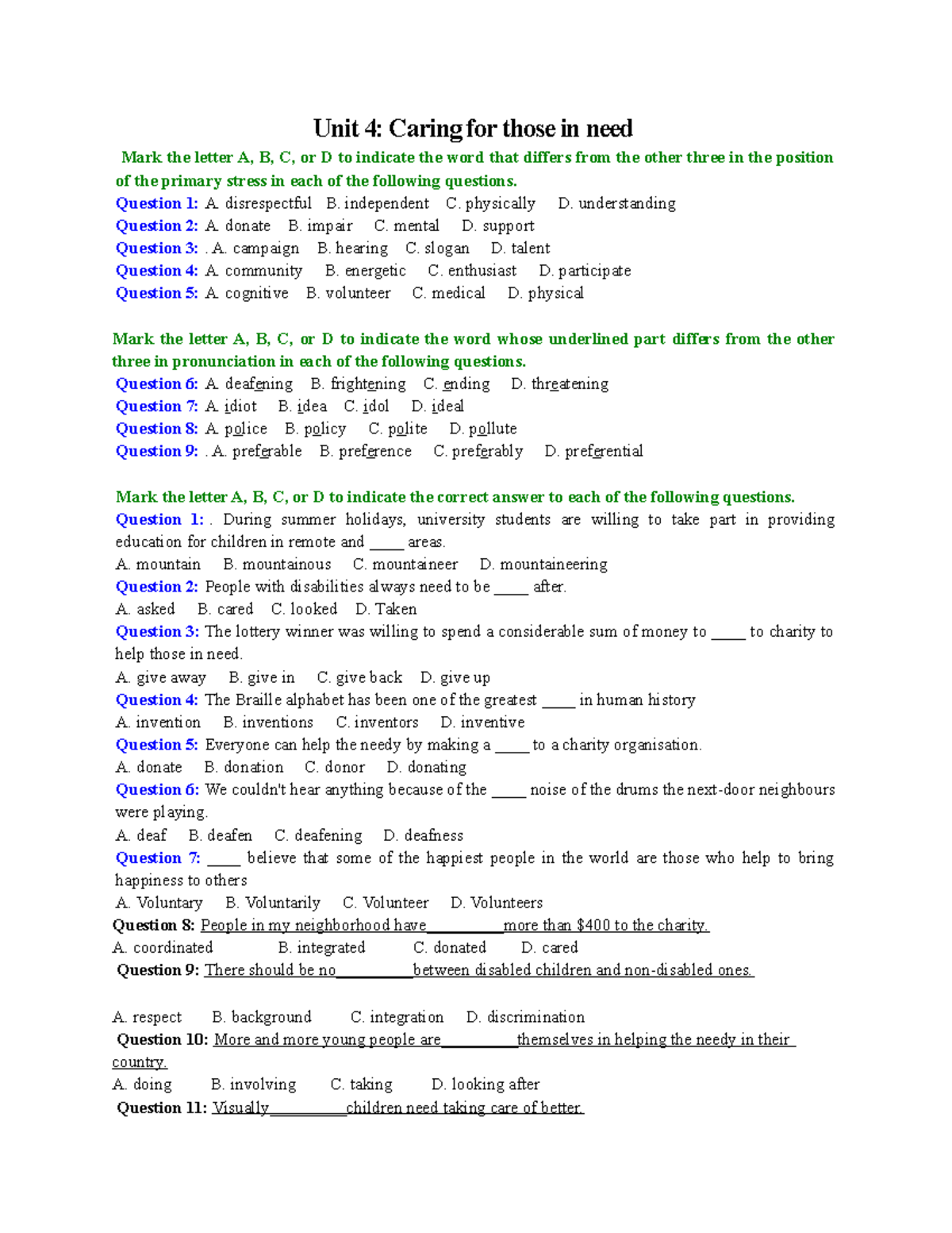 U4 part 2 - tacn - Unit 4: Caring for those in need Mark the letter A ...