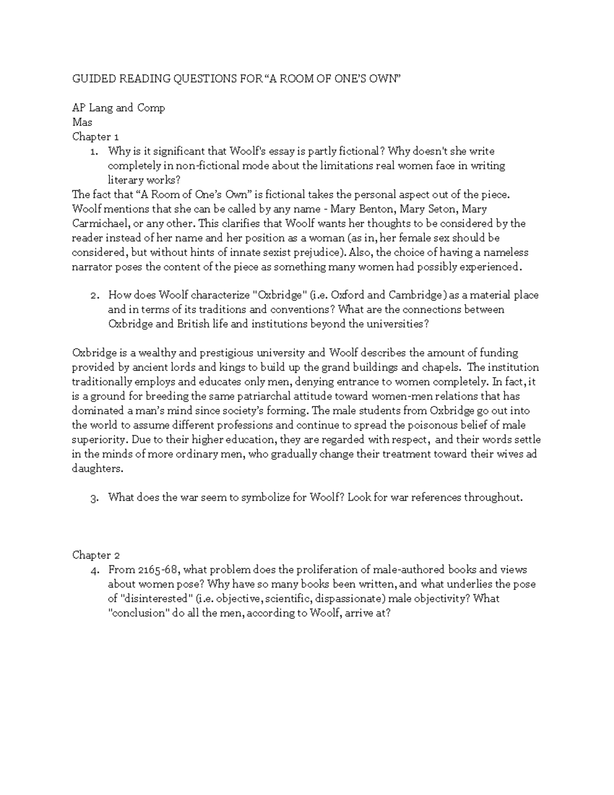 Copy Of Guided Reading Questions FOR A ROOM OF ONE S OWN GUIDED