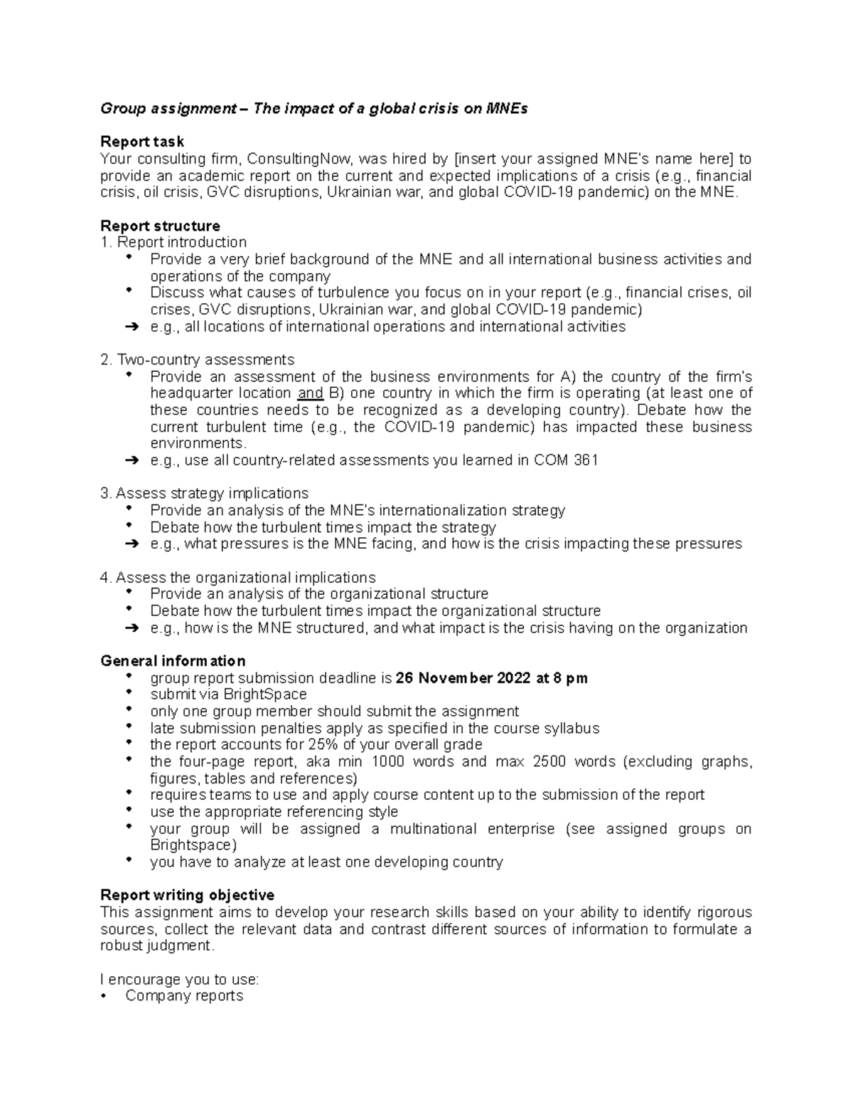 Group assignment instructions - Group assignment – The impact of a global crisis on MNEs Report ...