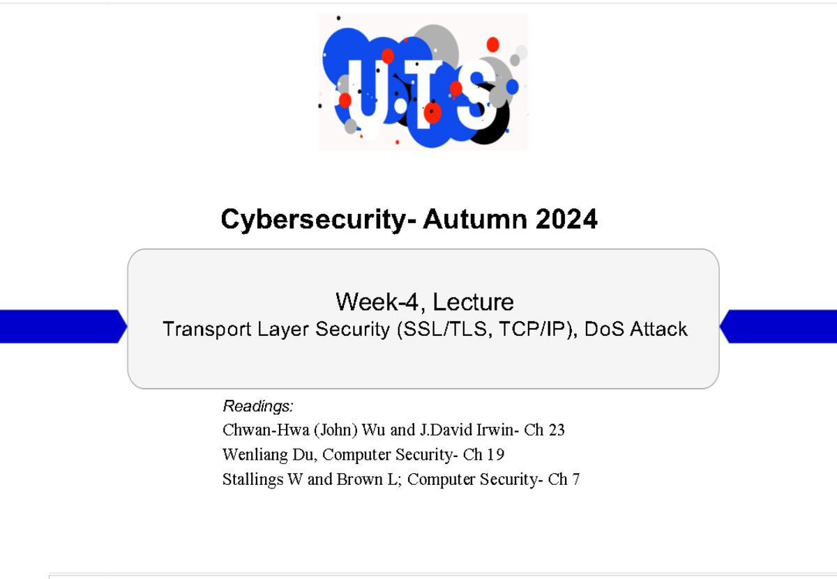 Week 4 Lecture Transport Layer Security 5 - Readings: Chwan-Hwa (John) Wu and J Irwin- Ch 23 ...