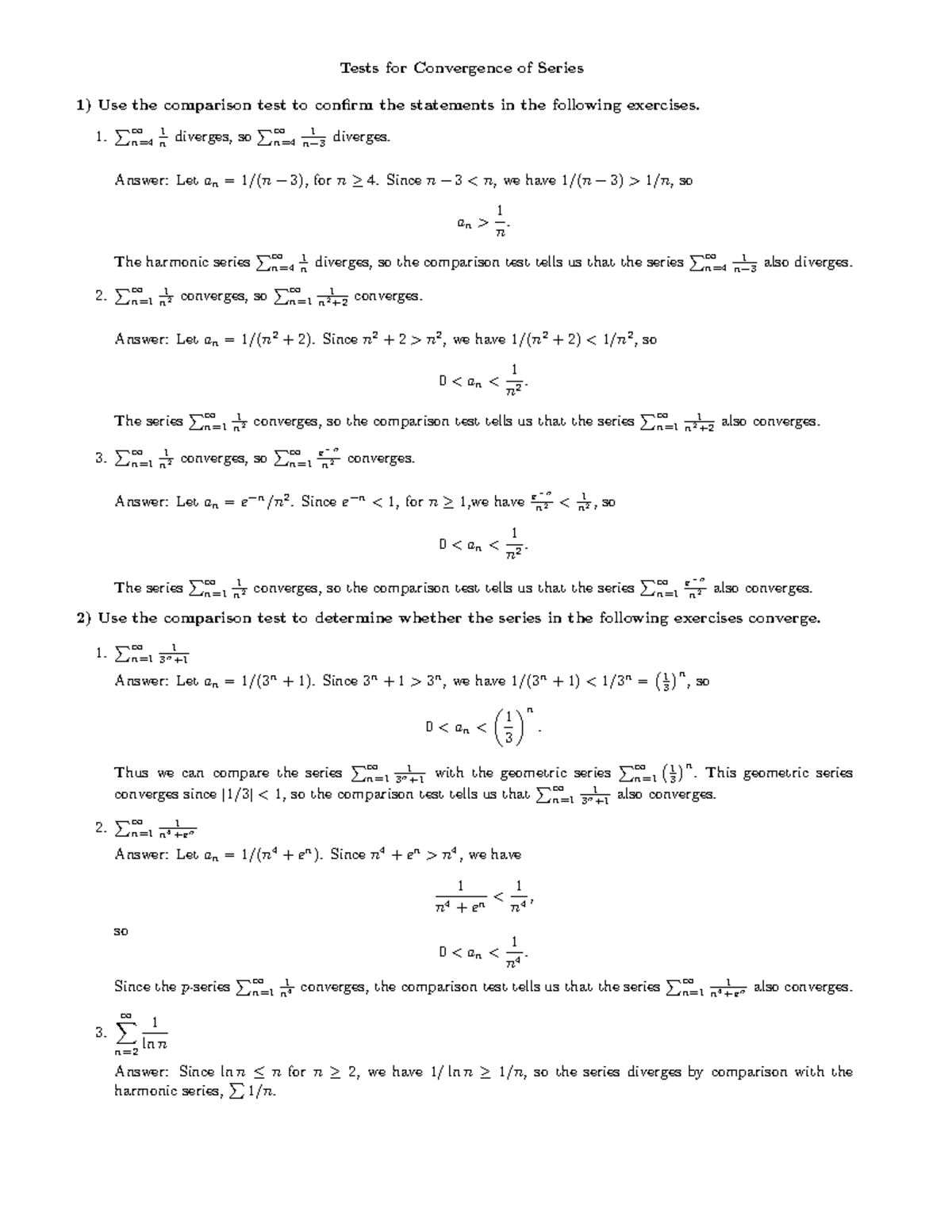 Testsforconvergencewithanswers - Tests for Convergence of Series Use ...