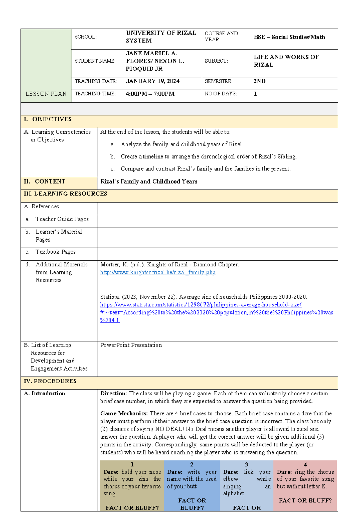 Rizal’s Family and Childhood Years - LESSON PLAN SCHOOL: UNIVERSITY OF ...
