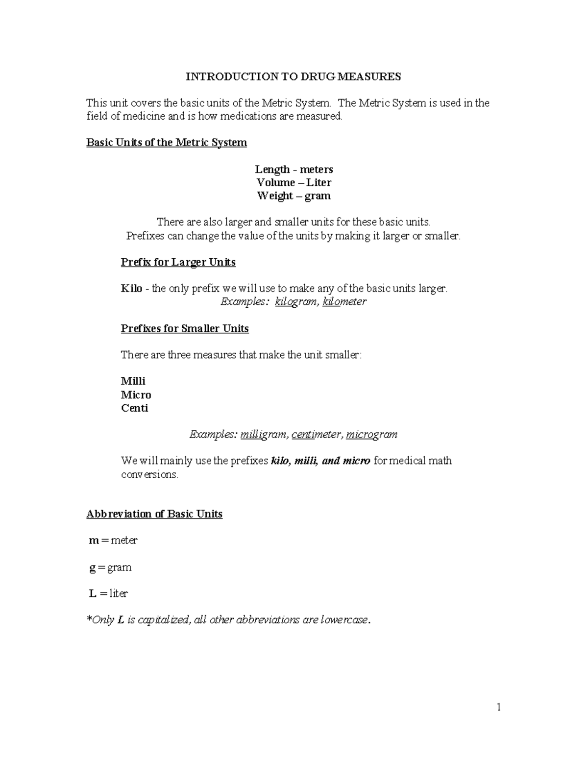 1. Intro to Drug Measures-2 - INTRODUCTION TO DRUG MEASURES This unit ...