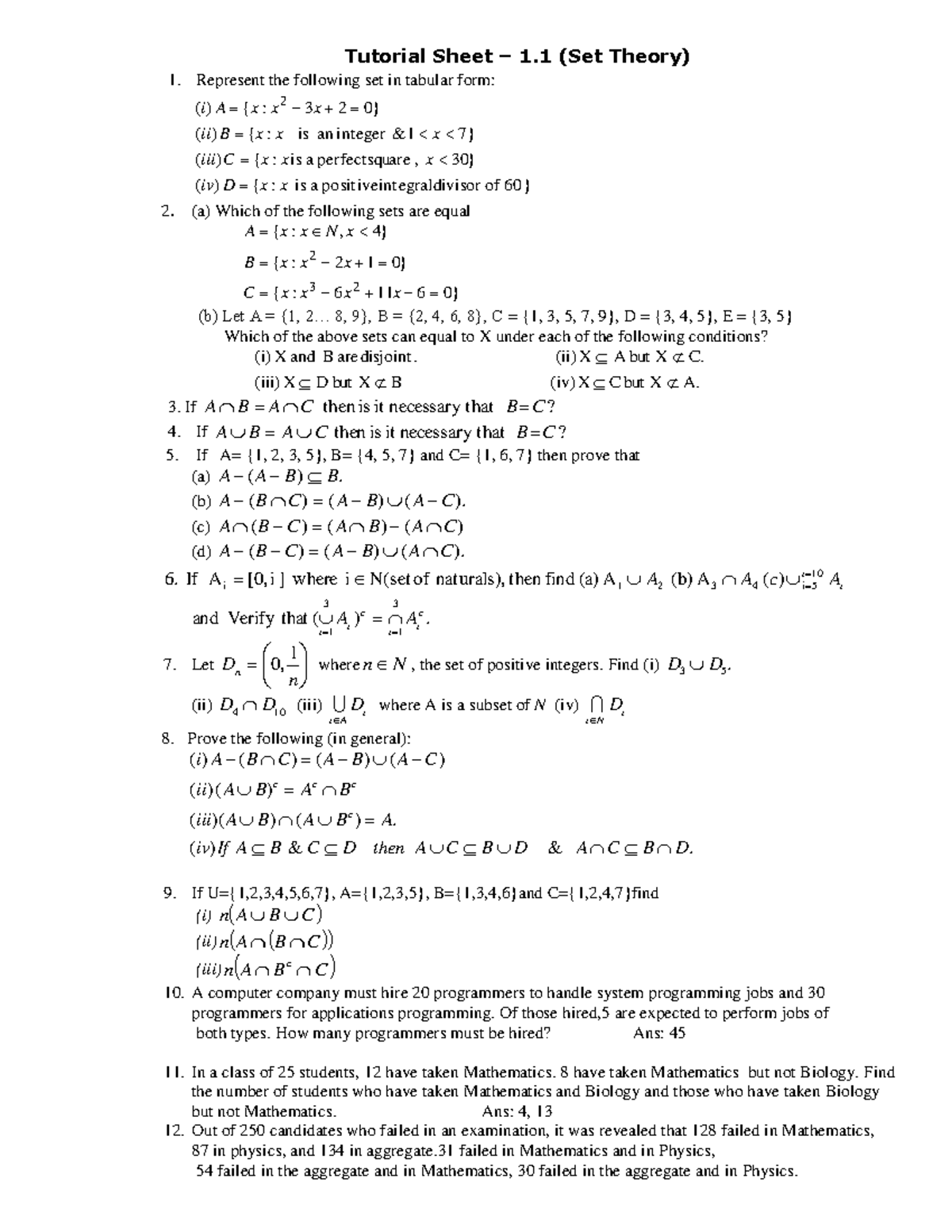 Tutorial Sheet 1 - Test - Tutorial Sheet – 1 (Set Theory) Represent the ...