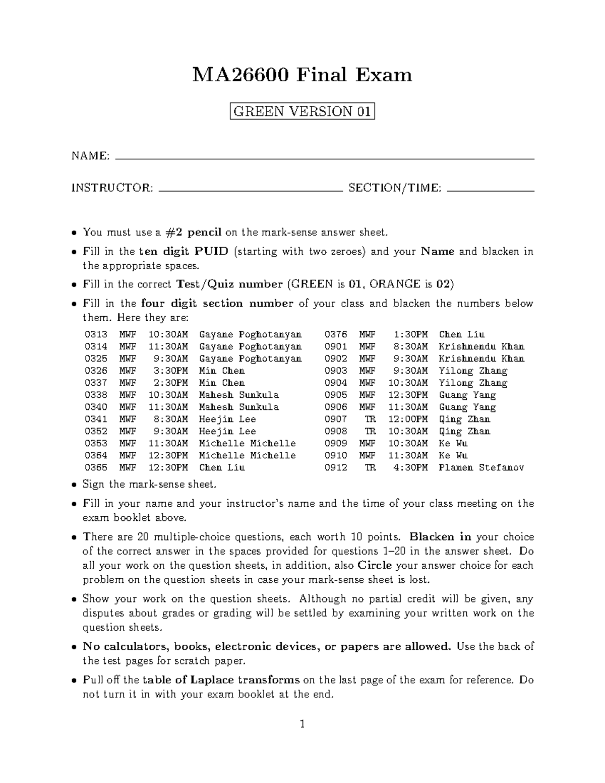 Serve file - past exam - MA26600 Final Exam GREEN VERSION 01 NAME ...