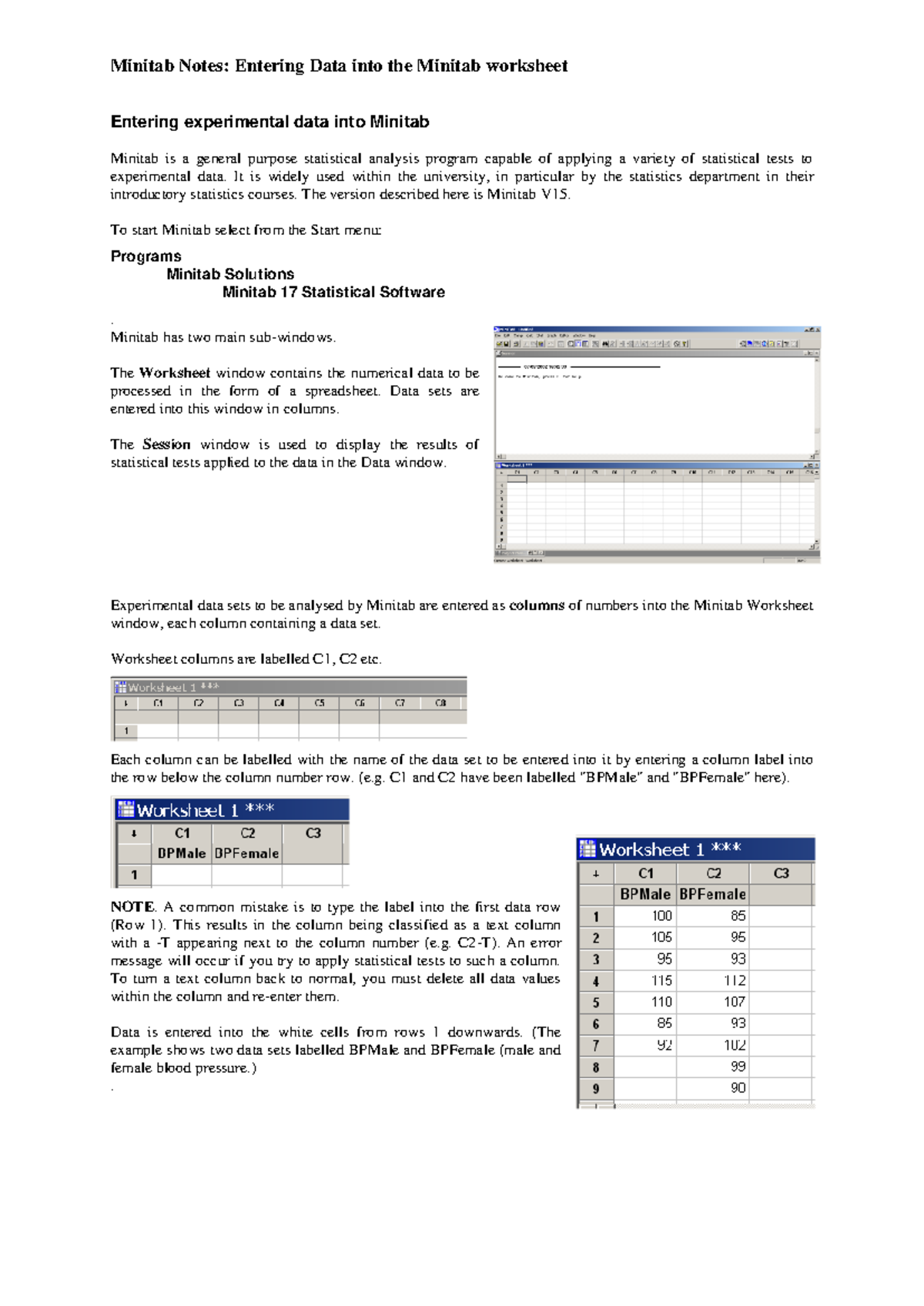 Minitab Notes - Entering Data - Minitab Notes: Entering Data into the ...