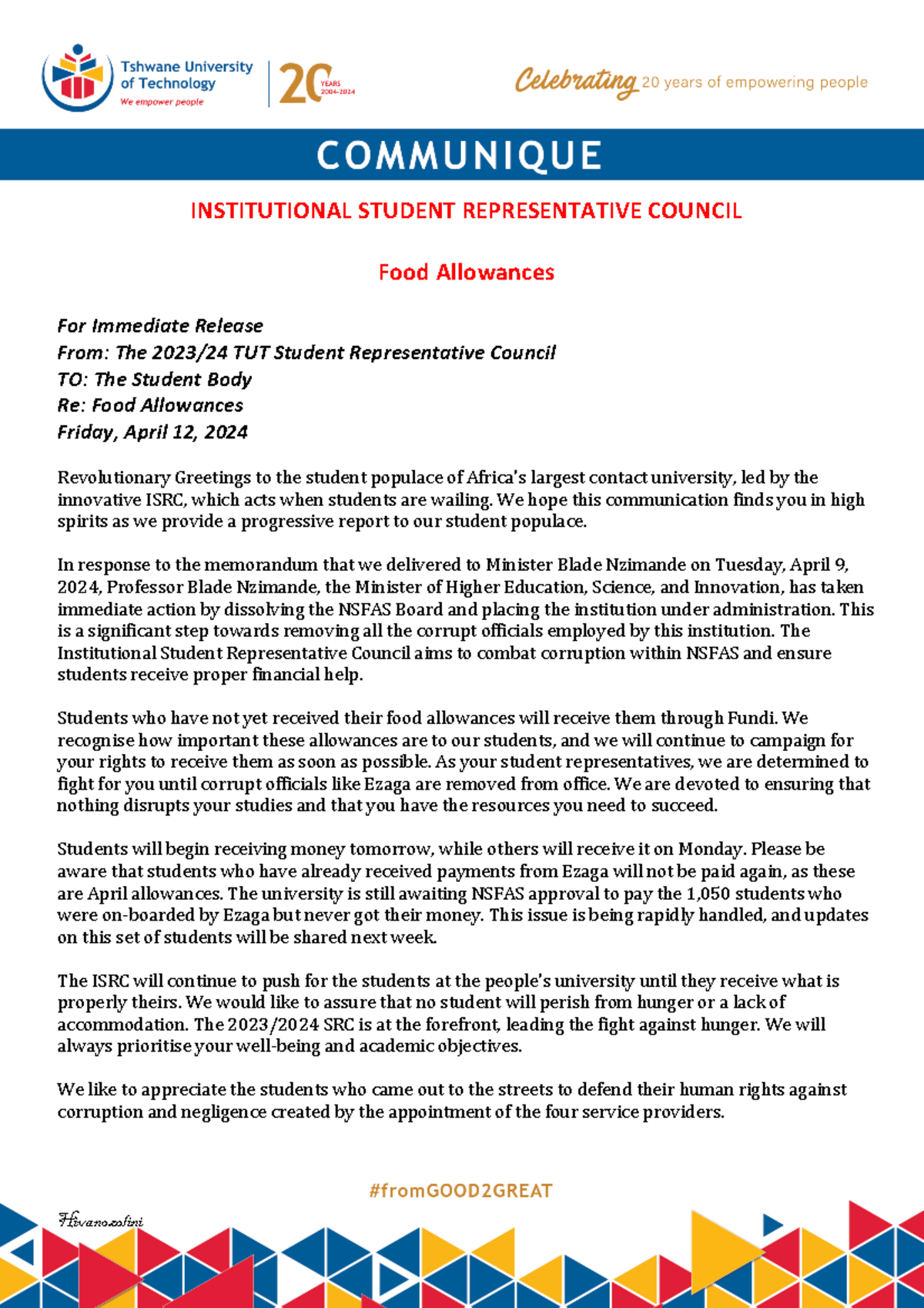 TUT SRC Communique - Summary BUSINESS ADMINISTRATION 2 - INSTITUTIONAL ...