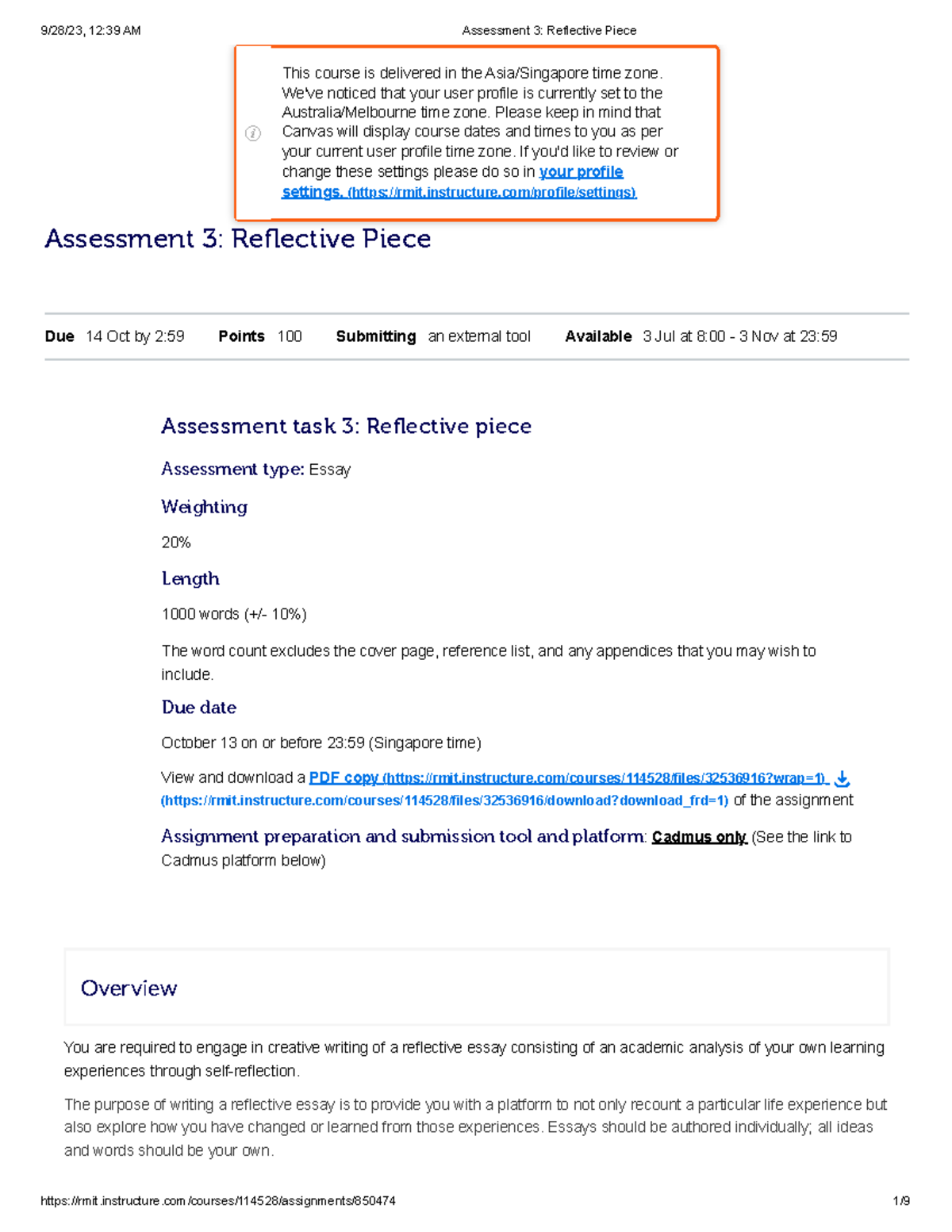 Assessment 3 Reflective Piece marking rubric - Assessment 3: Reflective ...