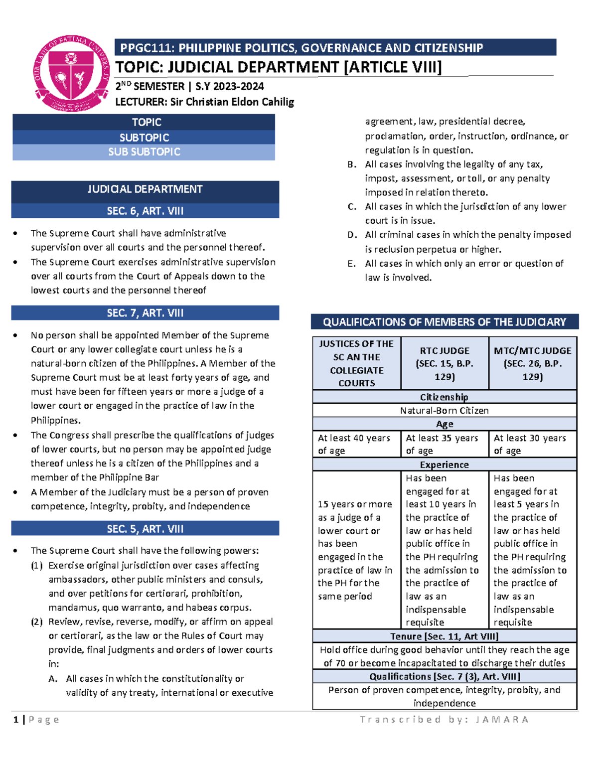 4 - Judicial Department PT. 2 - TOPIC SUBTOPIC SUB SUBTOPIC JUDICIAL ...