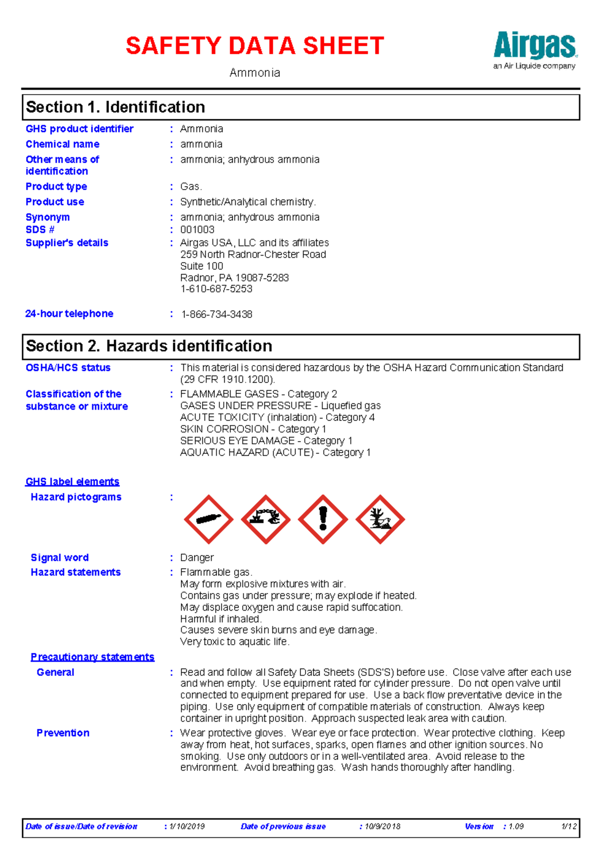 Ammonia Safety Datasheet - Ammonia ammonia; anhydrous ammonia Gas ...
