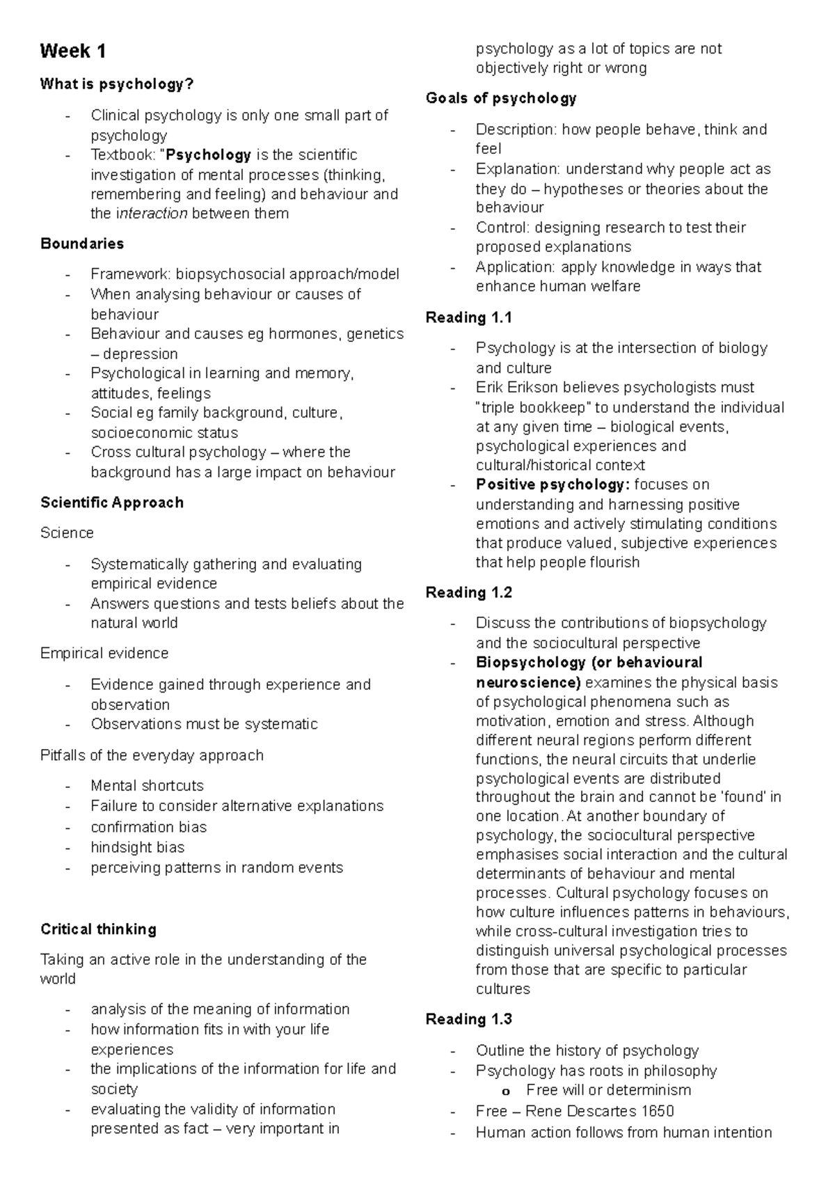 Week 1 Week 1 Summary Of Lecture Content And Textbook Readings Week 1 What Is Psychology