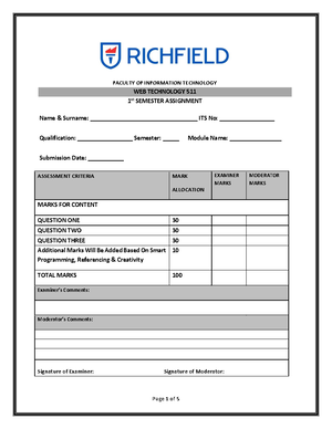 Networks 511 Assignment - Page 1 of 2 FACULTY OF INFORMATION TECHNOLOGY ...
