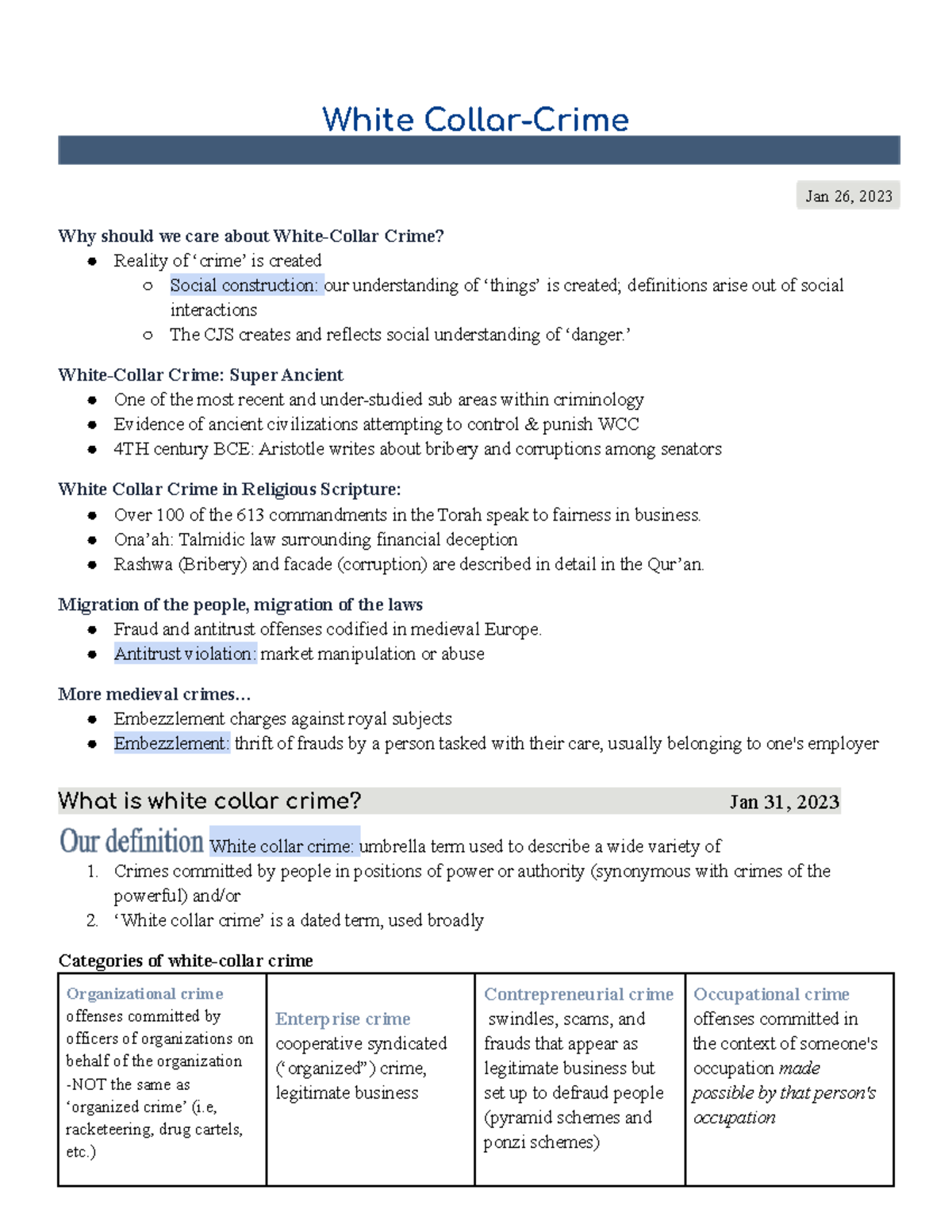 Soc 372 WCC - lecture notes teacher: Olivia McLaughlin - White Collar ...