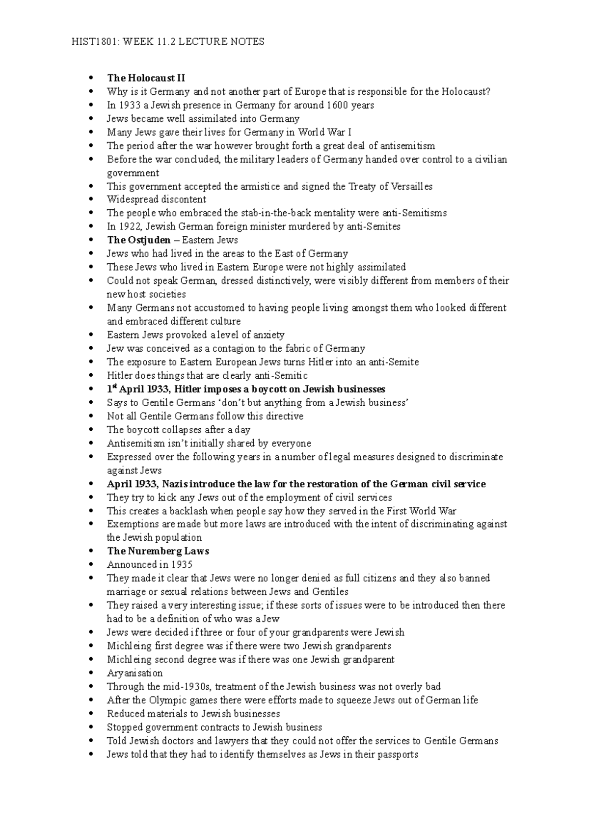 Week 11.2 - The Holocaust II - HIST1801: WEEK 11 LECTURE NOTES The ...