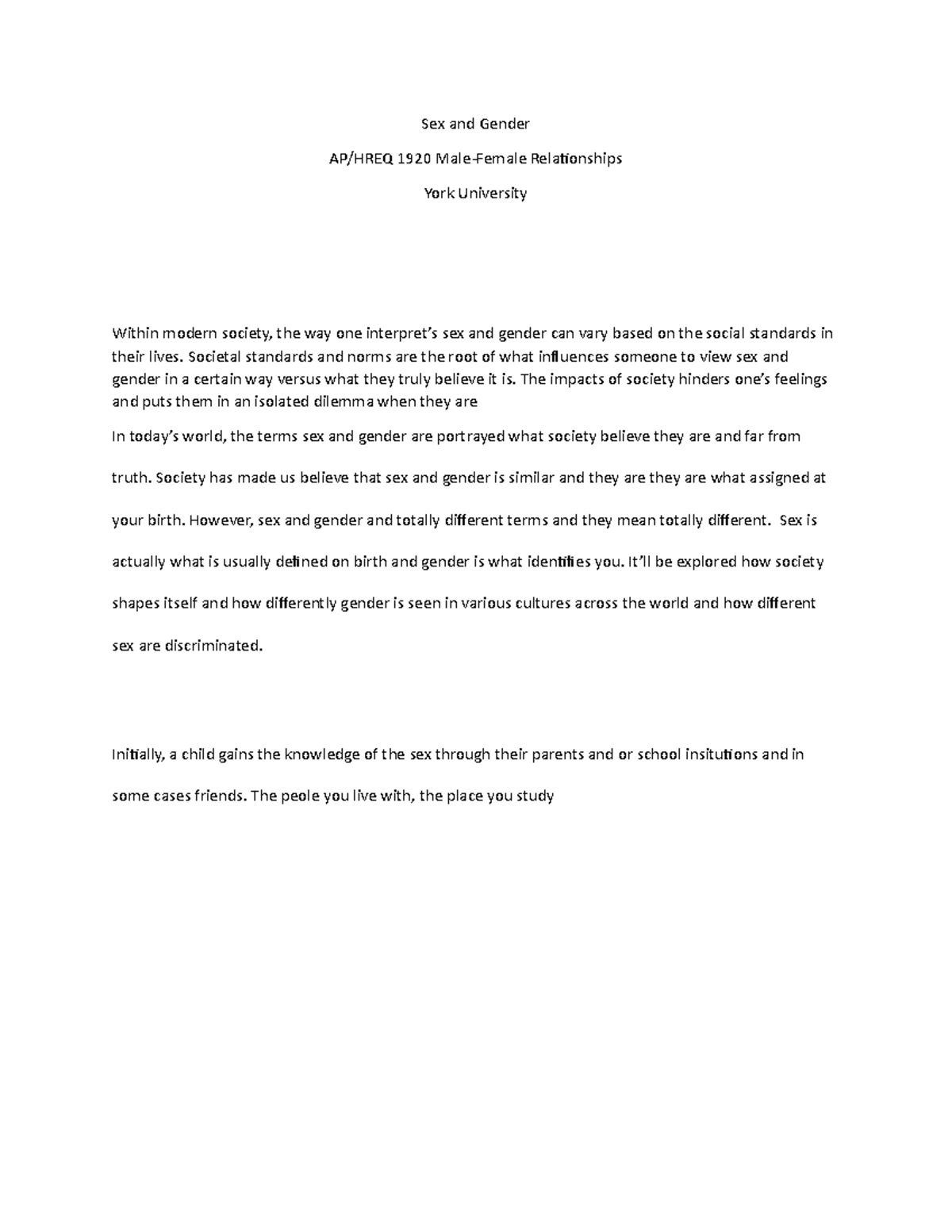 Sex And Gender Short Essay Sex And Gender Ap Hreq 1920 Male Female