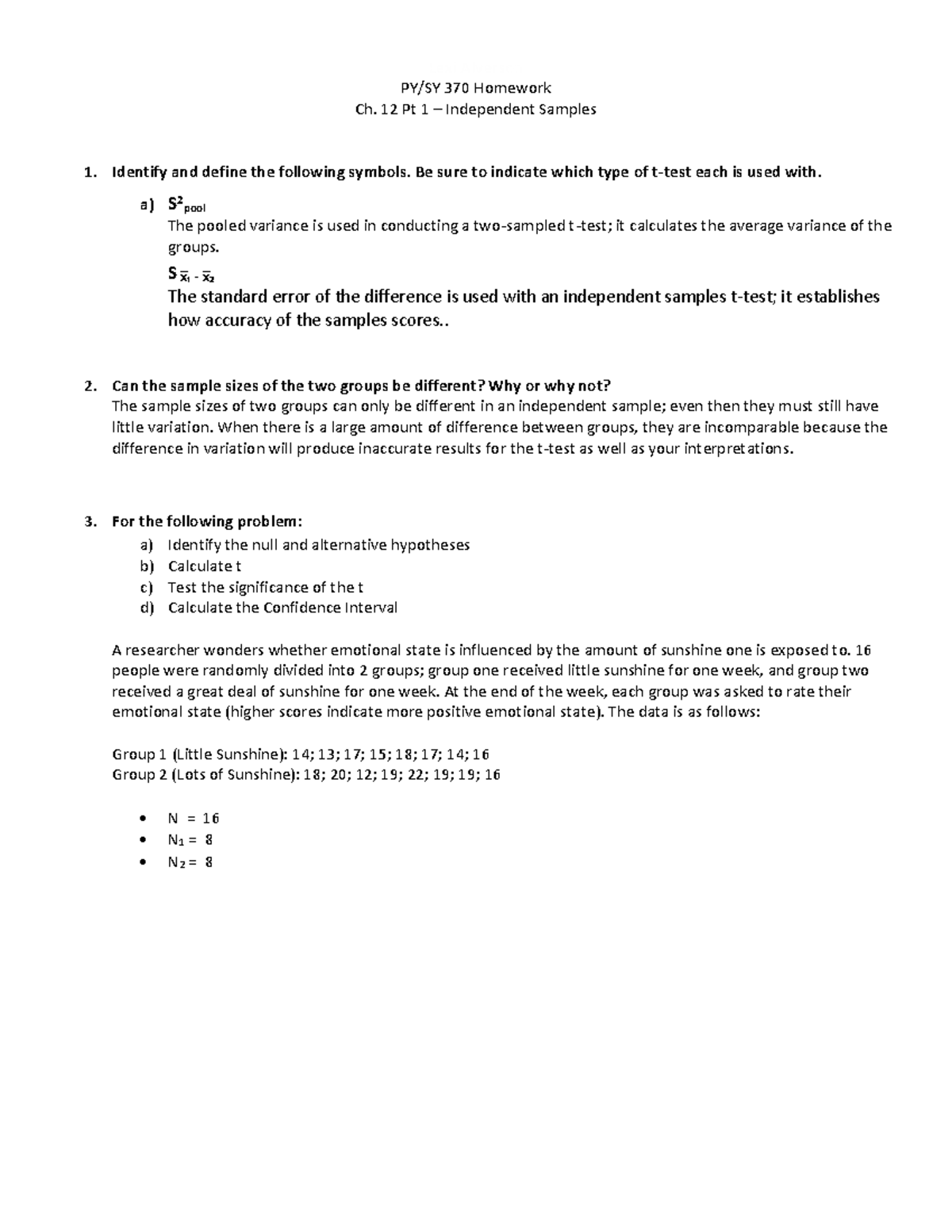 Homework 12 - Teacher: Kelley - Lexi Alverson PY/SY 370 Homework Ch. 12 Pt 1 – Independent ...