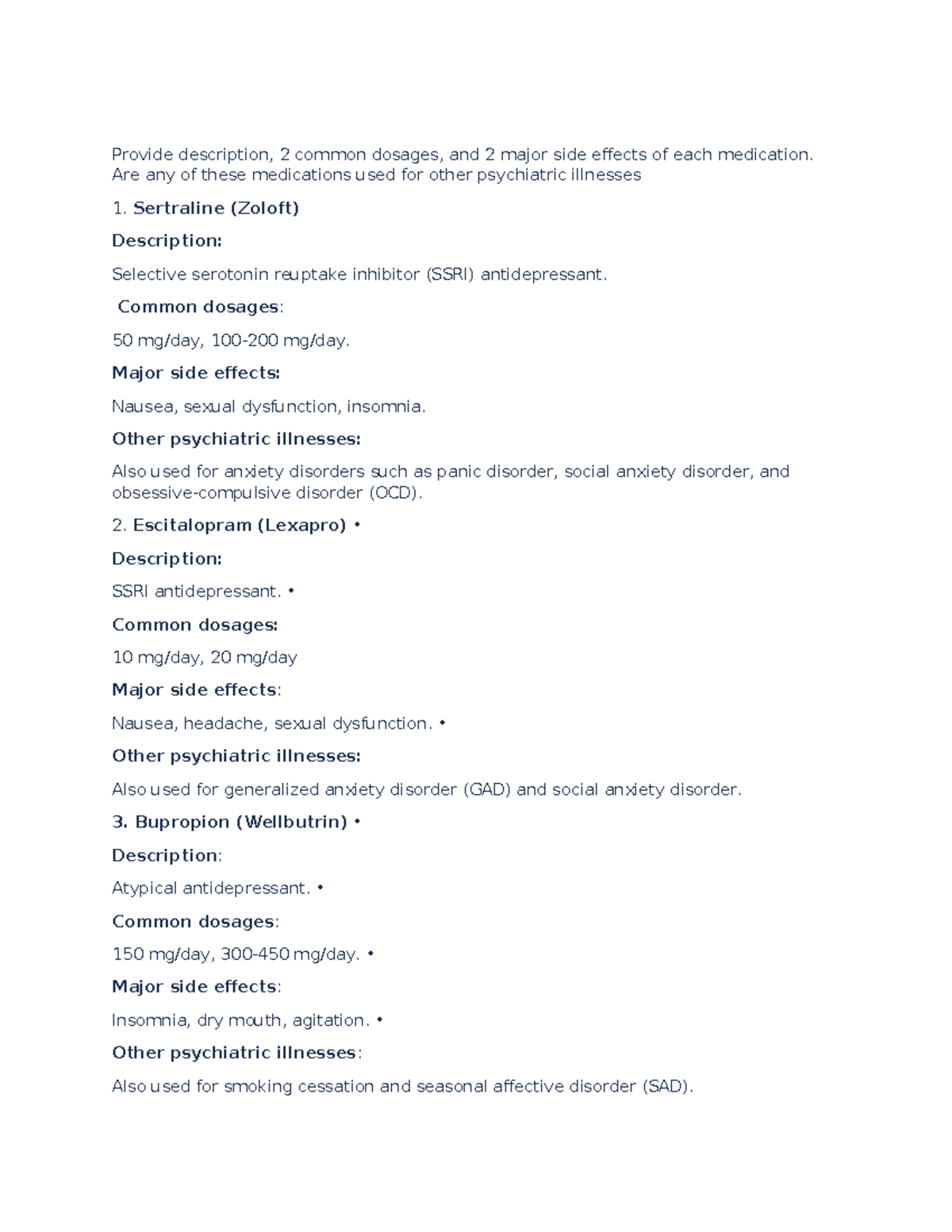 Mental heal drug list - drug list - Provide description, 2 common ...