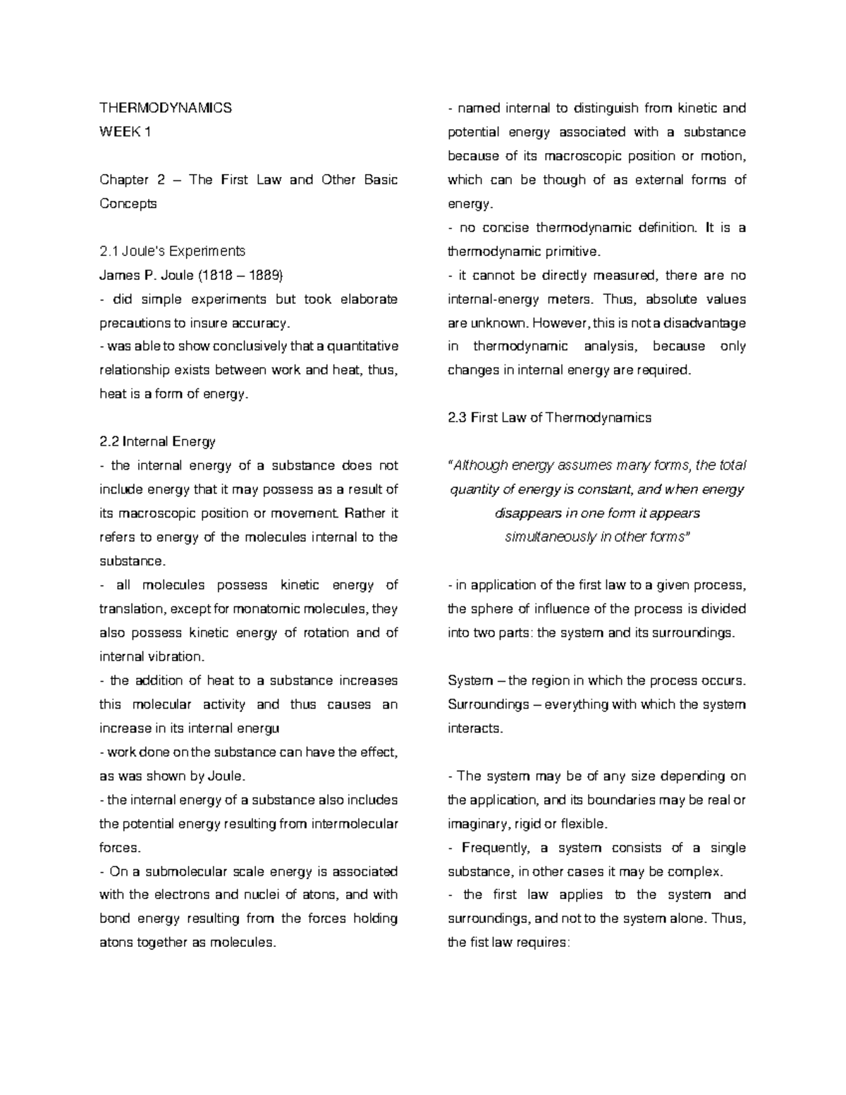 Thermodynamics notes - THERMODYNAMICS WEEK 1 Chapter 2 – The First Law ...