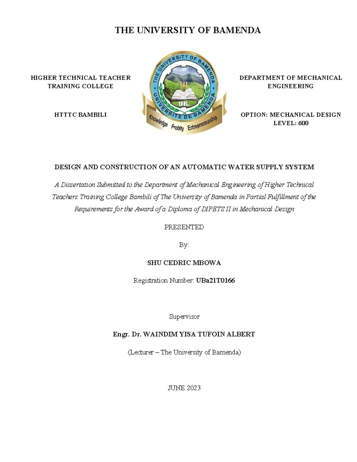 SHU Cedric Mbowa Final - DESIGN AND CONSTRUCTION OF AN AUTOMATIC WATER ...