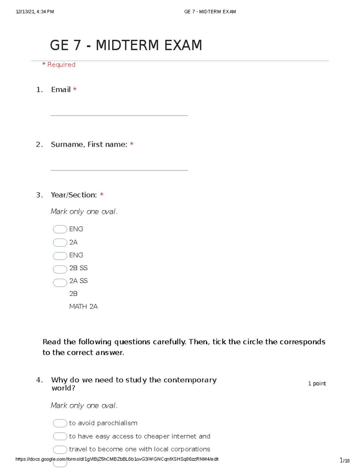 GE 7 Midterm EXAM Google Forms - 12/13/21, 4:34 PM GE 7 - MIDTERM EXAM - Studocu