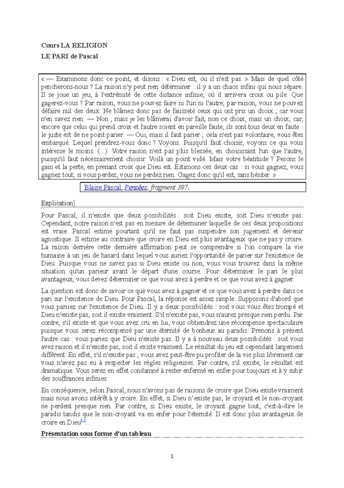 Cours LA Religion Texte pari de Pascal fragment 397 - Cours LA RELIGION ...