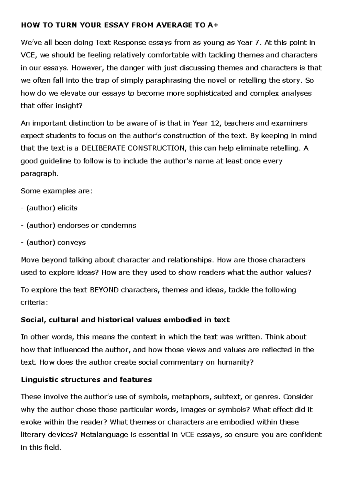 Average to A - Responding to Text - HOW TO TURN YOUR ESSAY FROM AVERAGE ...