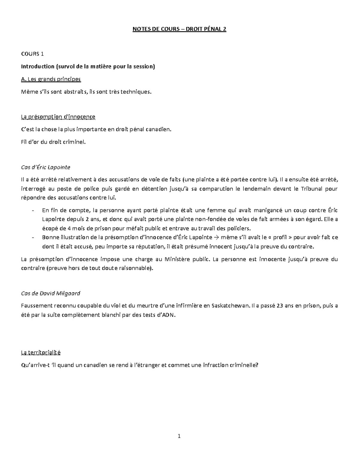 Droit pénal 2 - Hugues Parent - NOTES DE COURS – DROIT PÉNAL 2 COURS 1 ...
