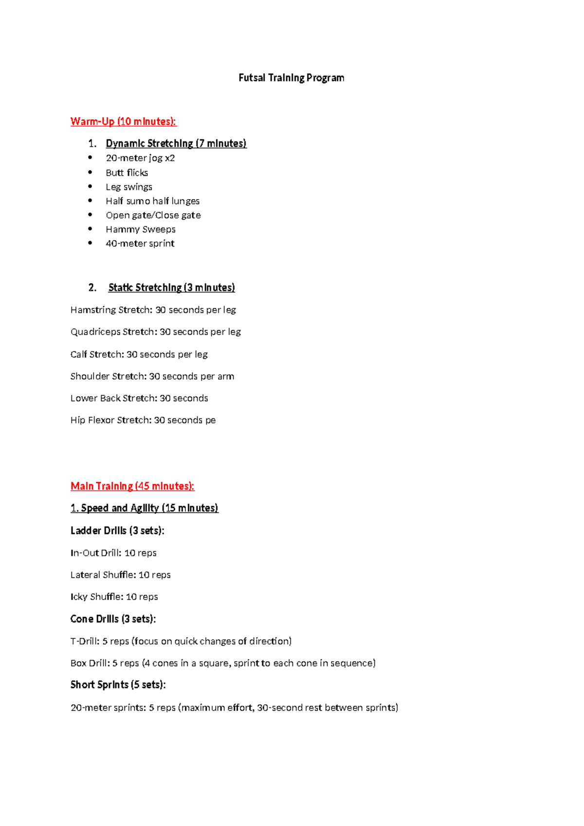 Training Program - Futsal Training Program Warm-Up (10 minutes ...