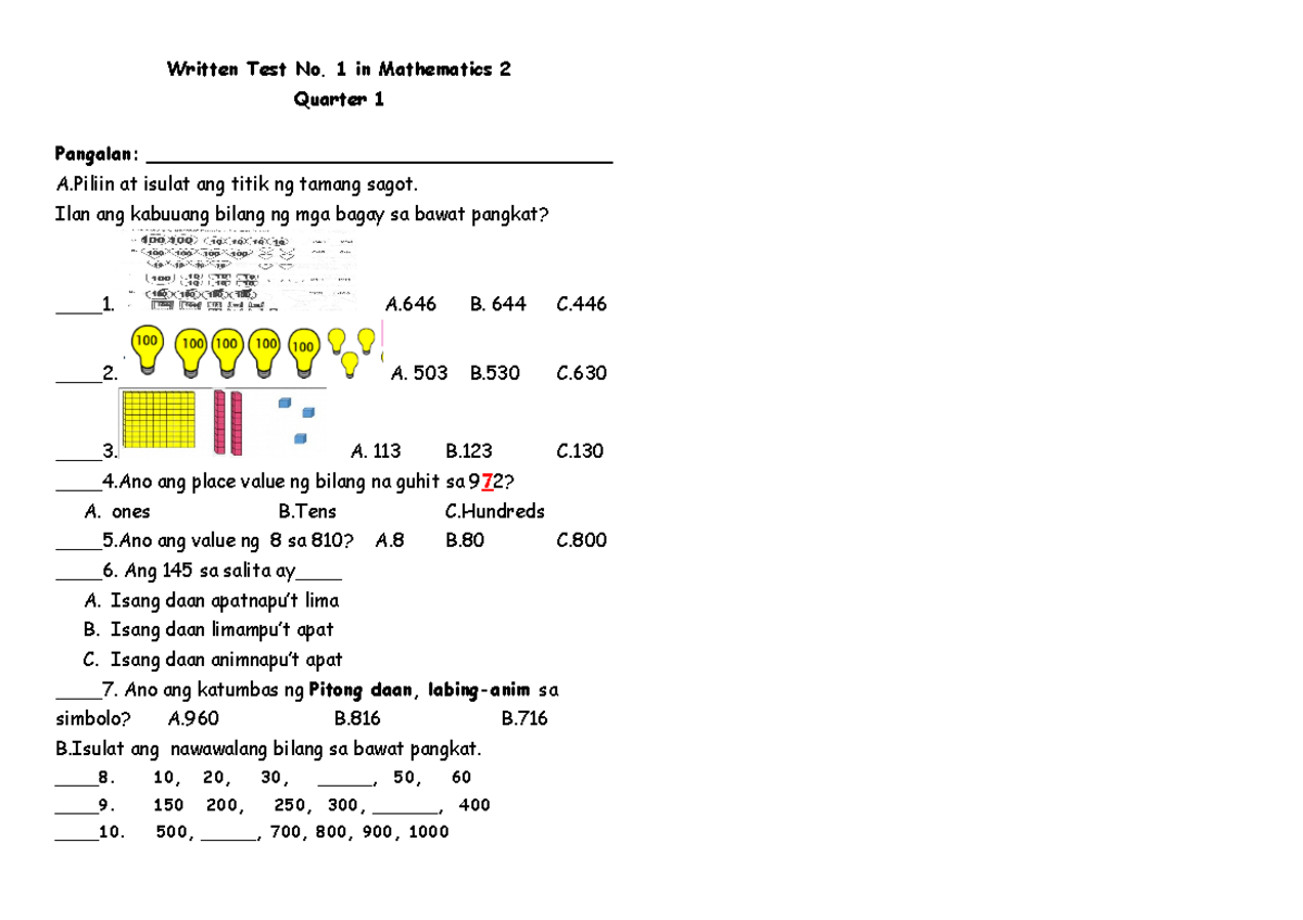 Written test #1 -MATh2 - Written Test No. 1 in Mathematics 2 Quarter 1 ...