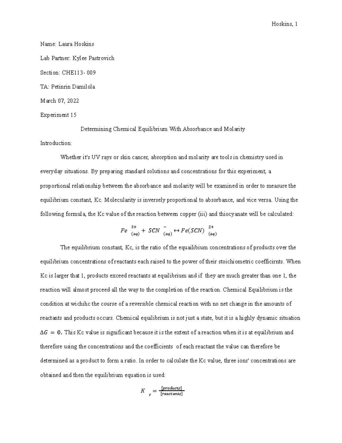 15 Hoskins Laura - Experiment 15 Spring 2022 - Name: Laura Hoskins Lab ...