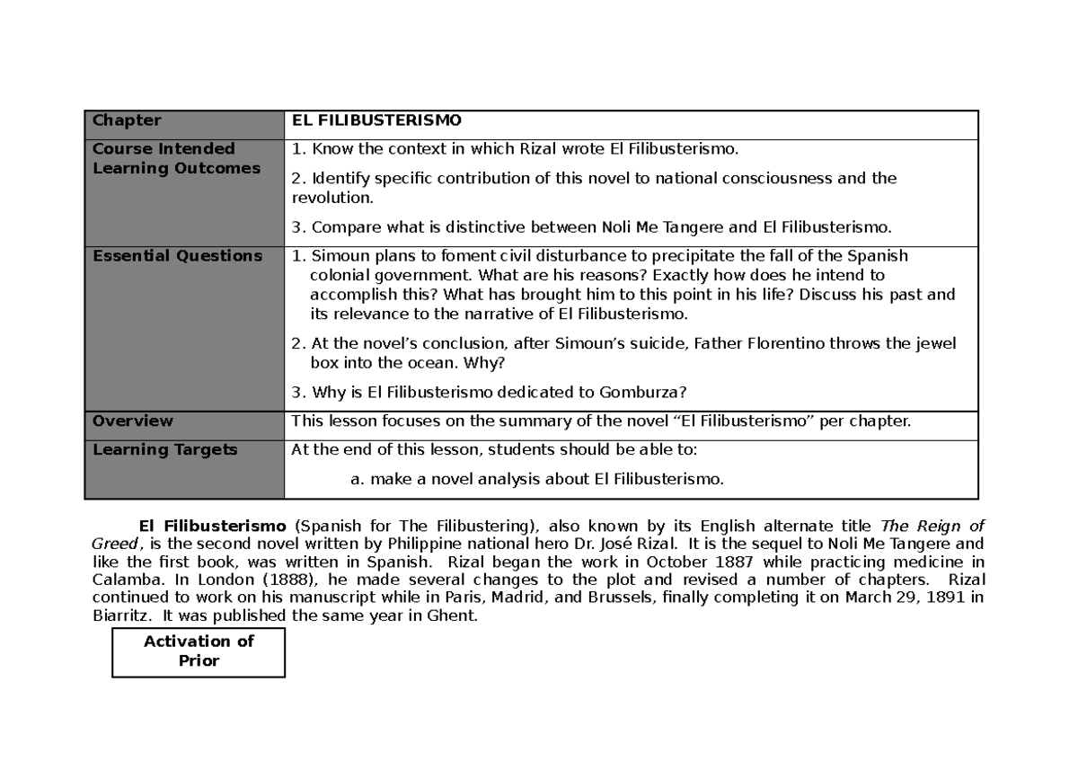 Lesson-El-Filibusterismo - Chapter EL FILIBUSTERISMO Course Intended ...