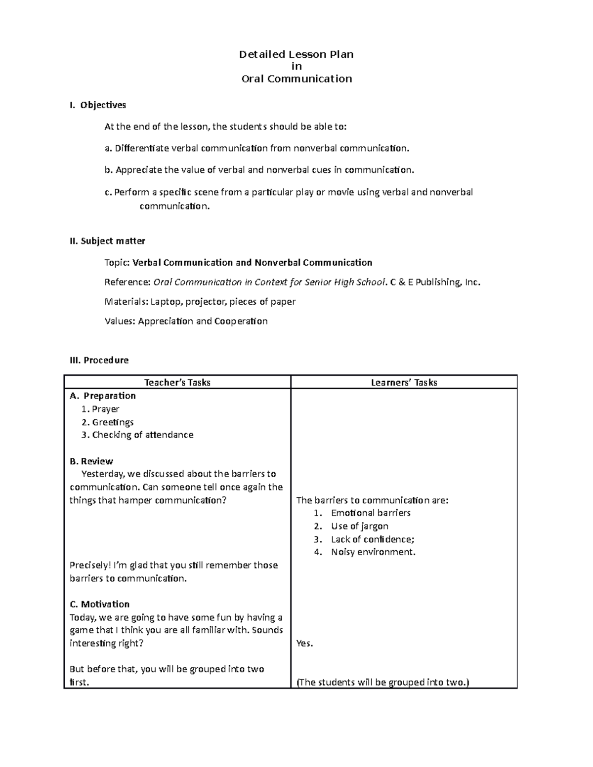 A Detailed Lesson Plan In Oral Communication Detailed Lesson Plan In