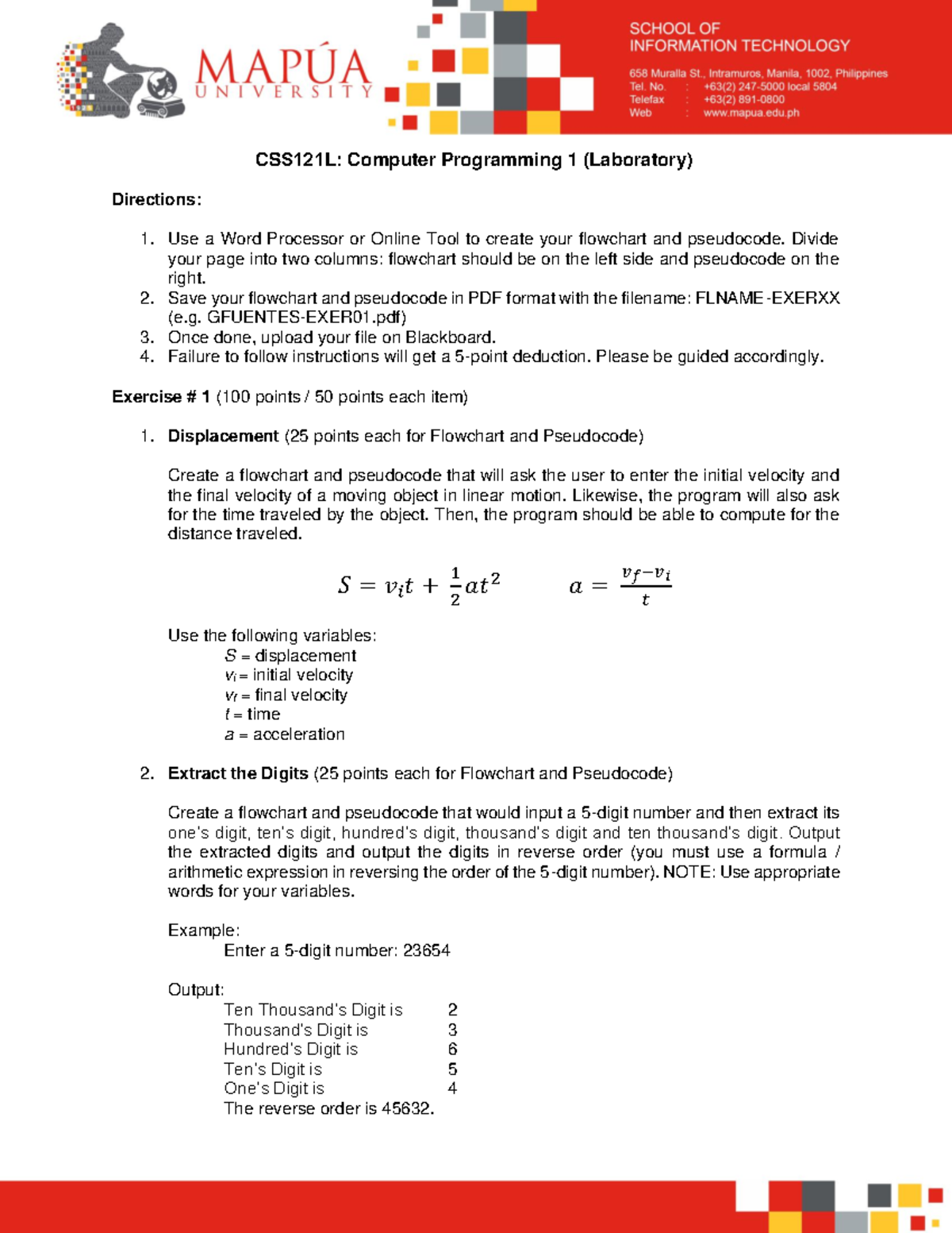 CSS121L-EXER01 - fdsfsfsf - CSS121L: Computer Programming 1 (Laboratory) Directions: Use a Word ...