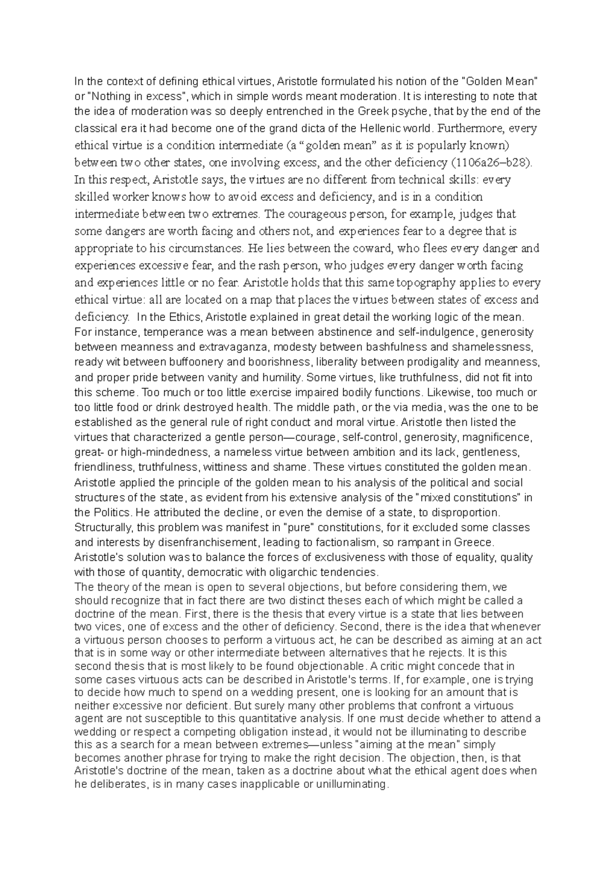 Aristotle golden mean - In the context of defining ethical virtues ...