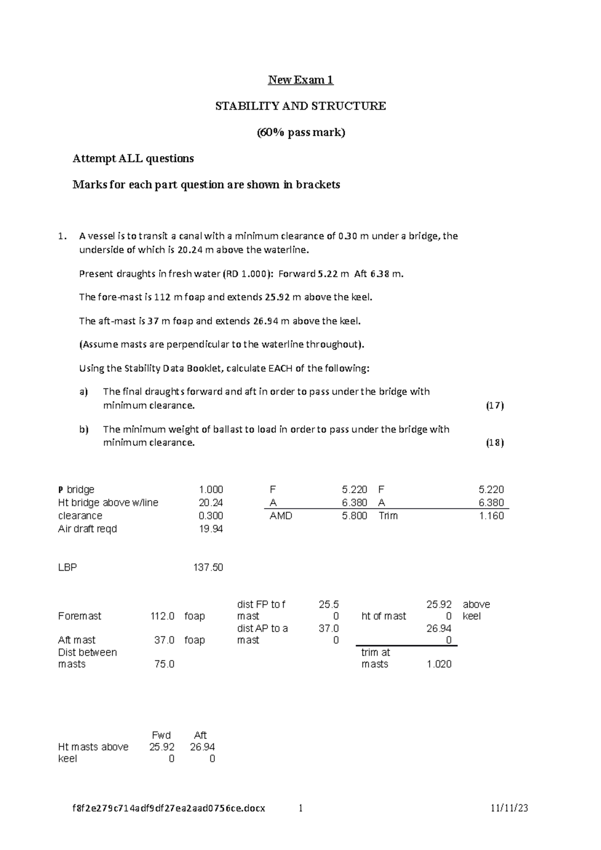 Exam 1 answers - New Exam 1 STABILITY AND STRUCTURE (60% pass mark ...
