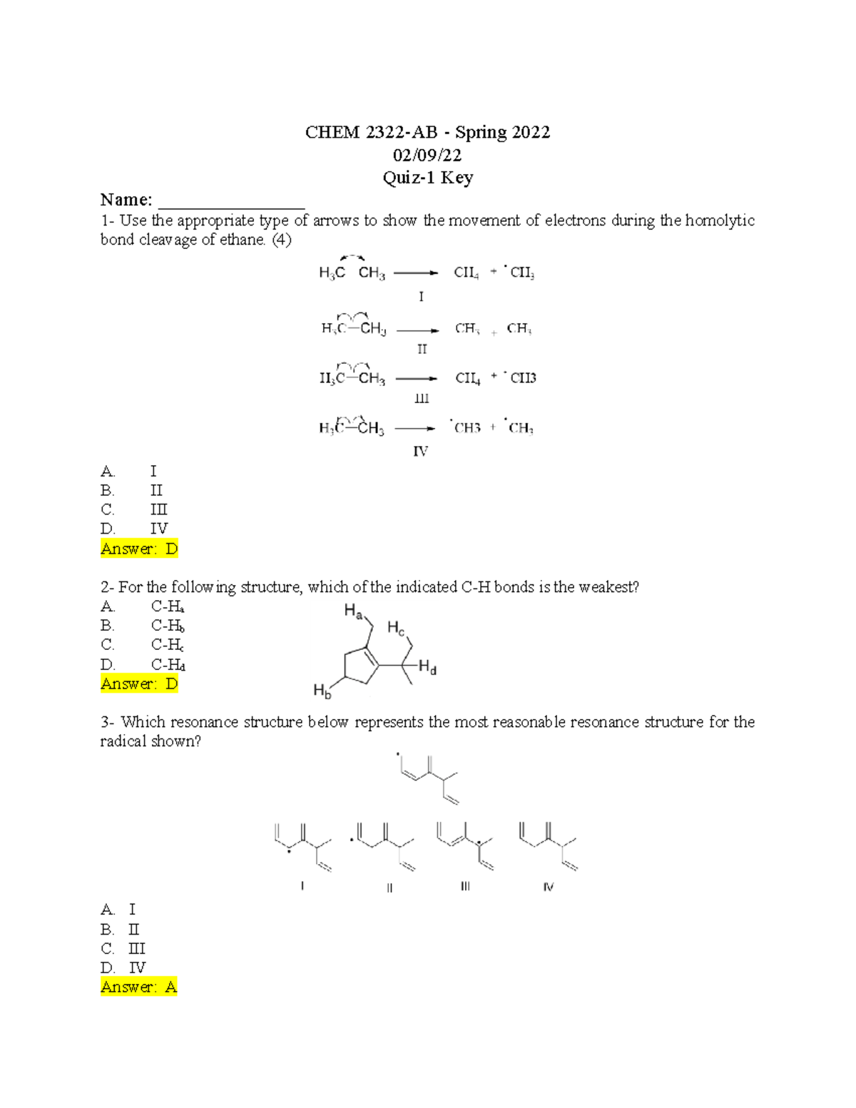 Quiz 1 Key- Organic chemistry II - CHEM 2322-AB - Spring 2022 02/09 ...