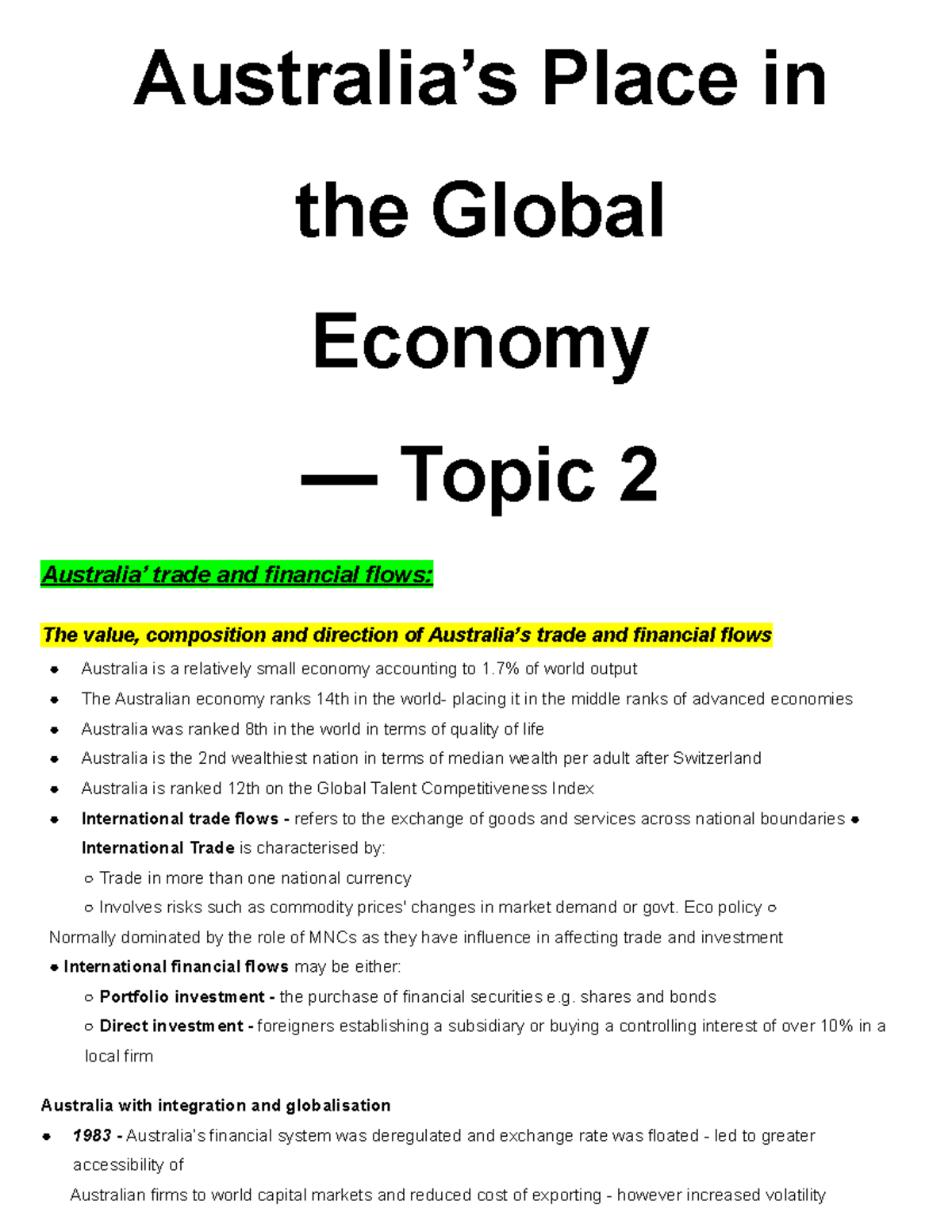 Economics topic 2 notes - Australia’s Place in the Global Economy ...