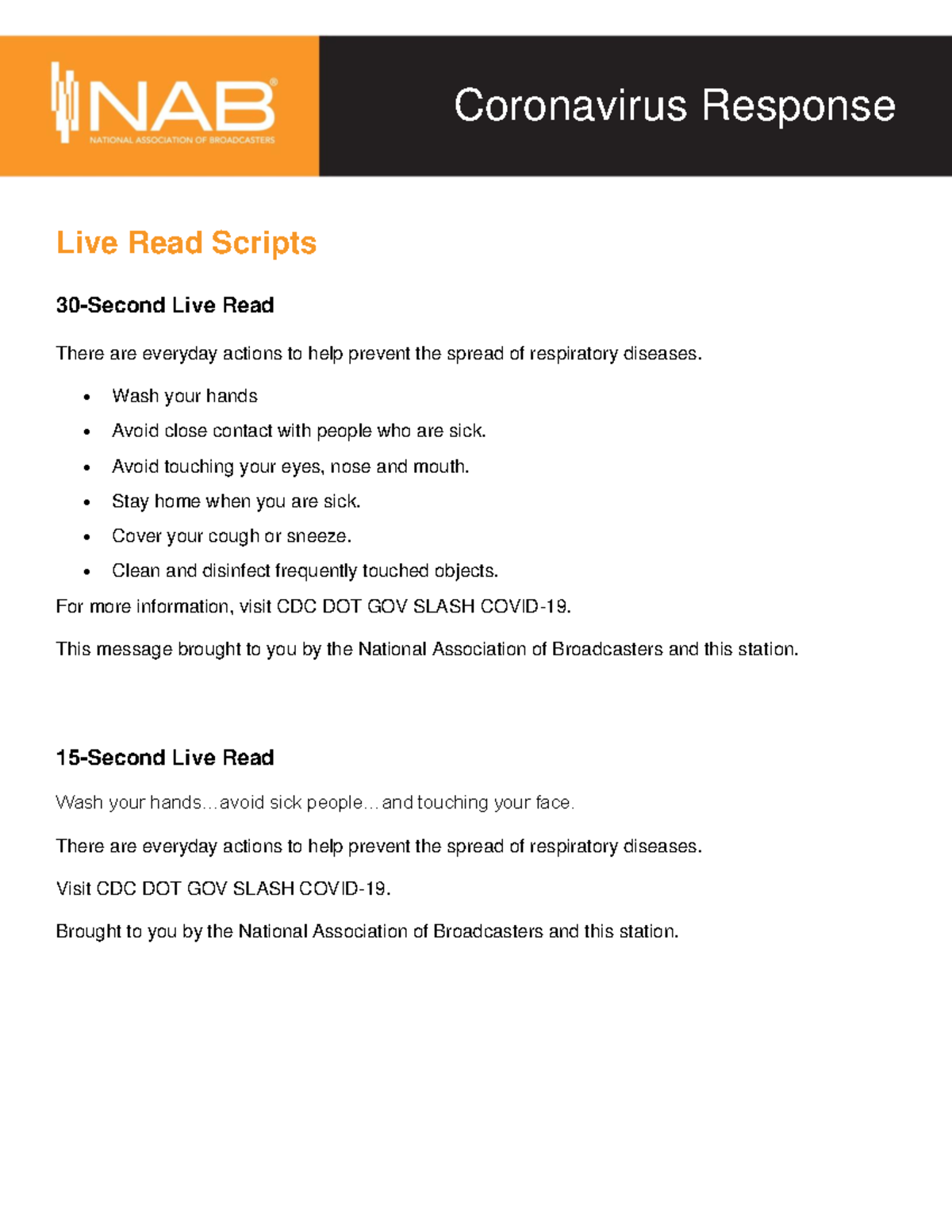 NAB Covid 19 Live Read Scripts - Coronavirus Response Live Read Scripts ...