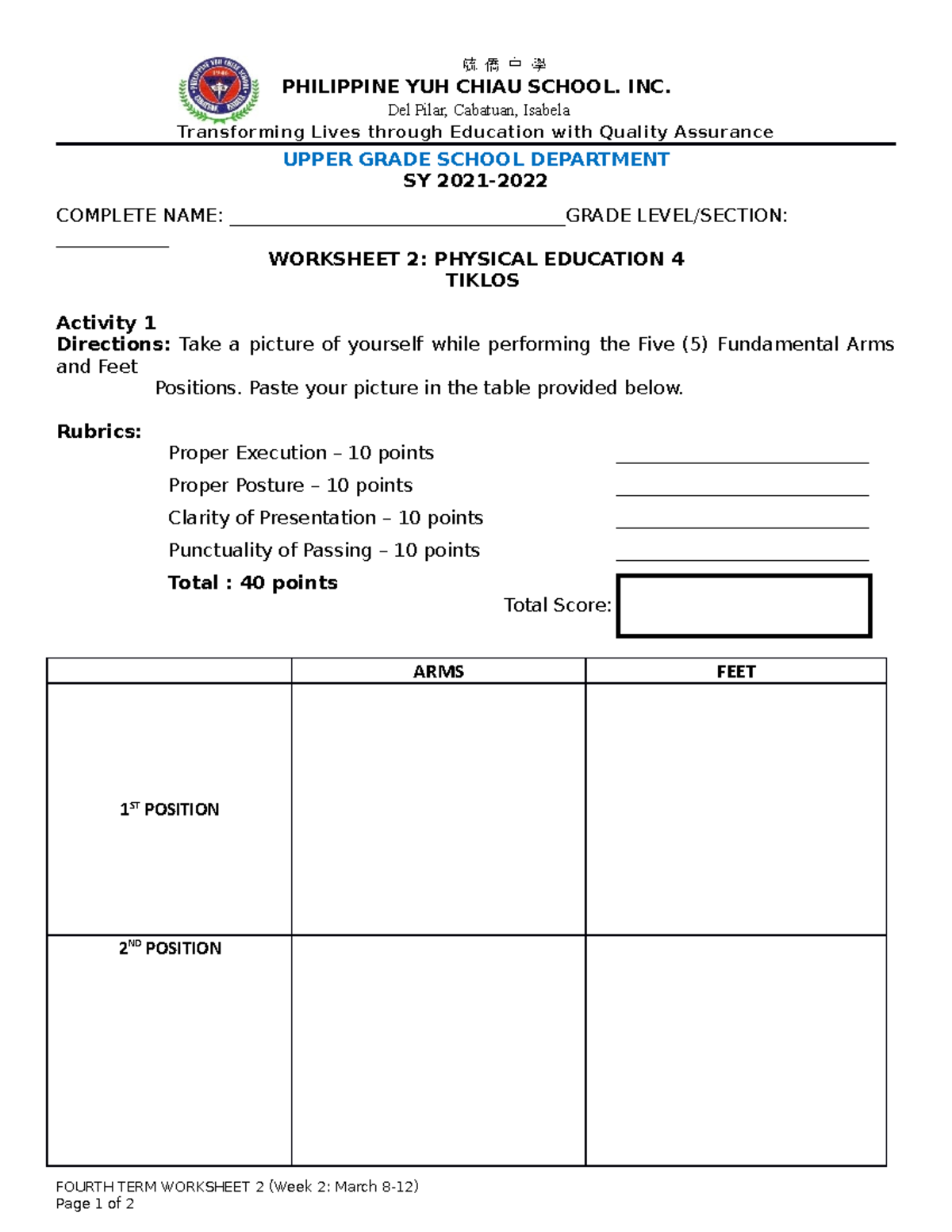 4TH TERM Physical Education 4 - Worksheet 2 - 毓 僑 中 學 PHILIPPINE YUH ...