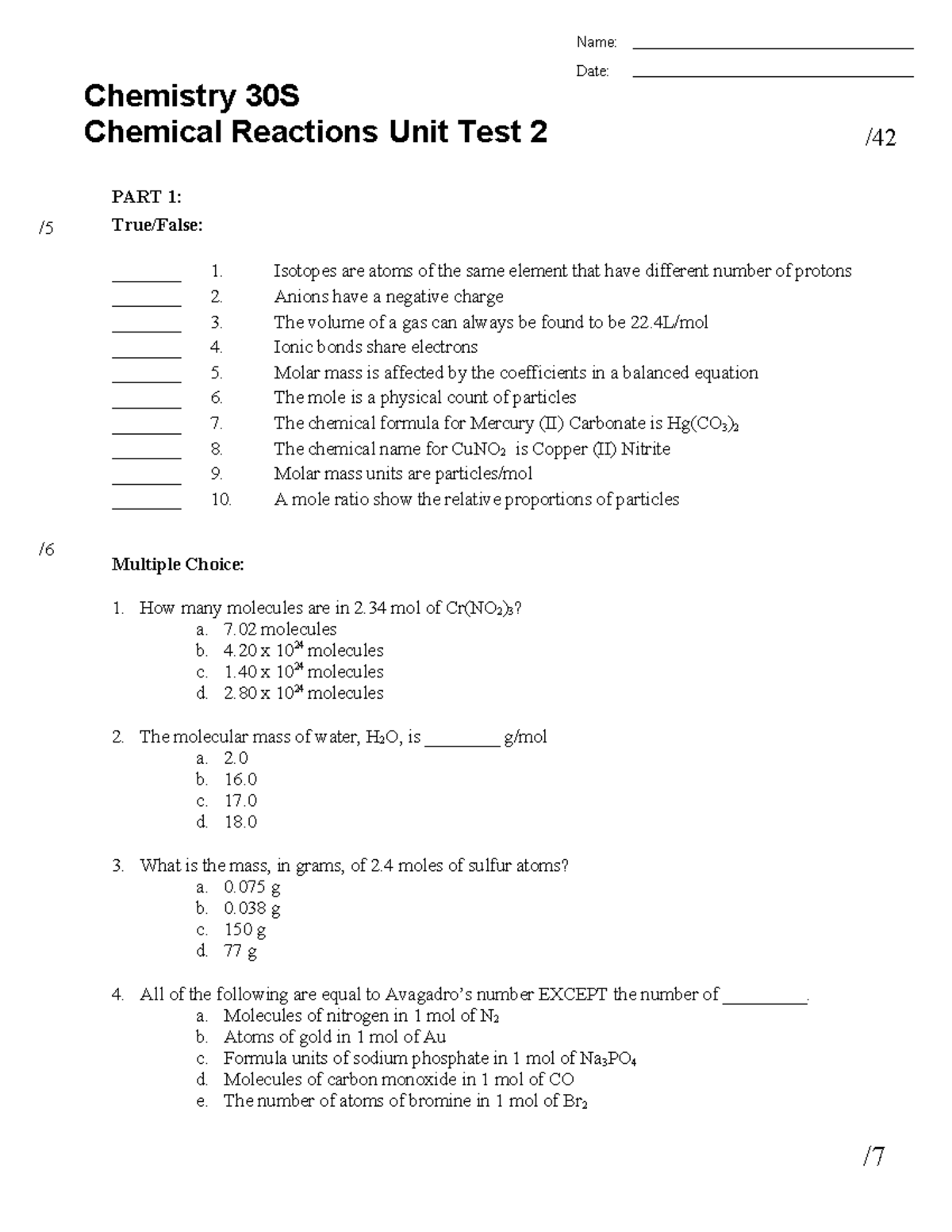 Chemical Reactions - Unit Test 2 - Chemistry 30S Chemical Reactions ...