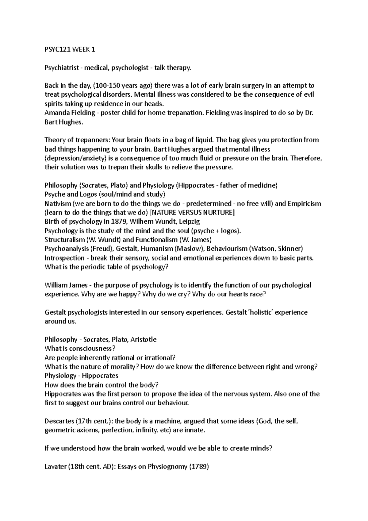 PSYC121 Lecture Notes Week 1 - PSYC121 WEEK 1 Psychiatrist - medical ...