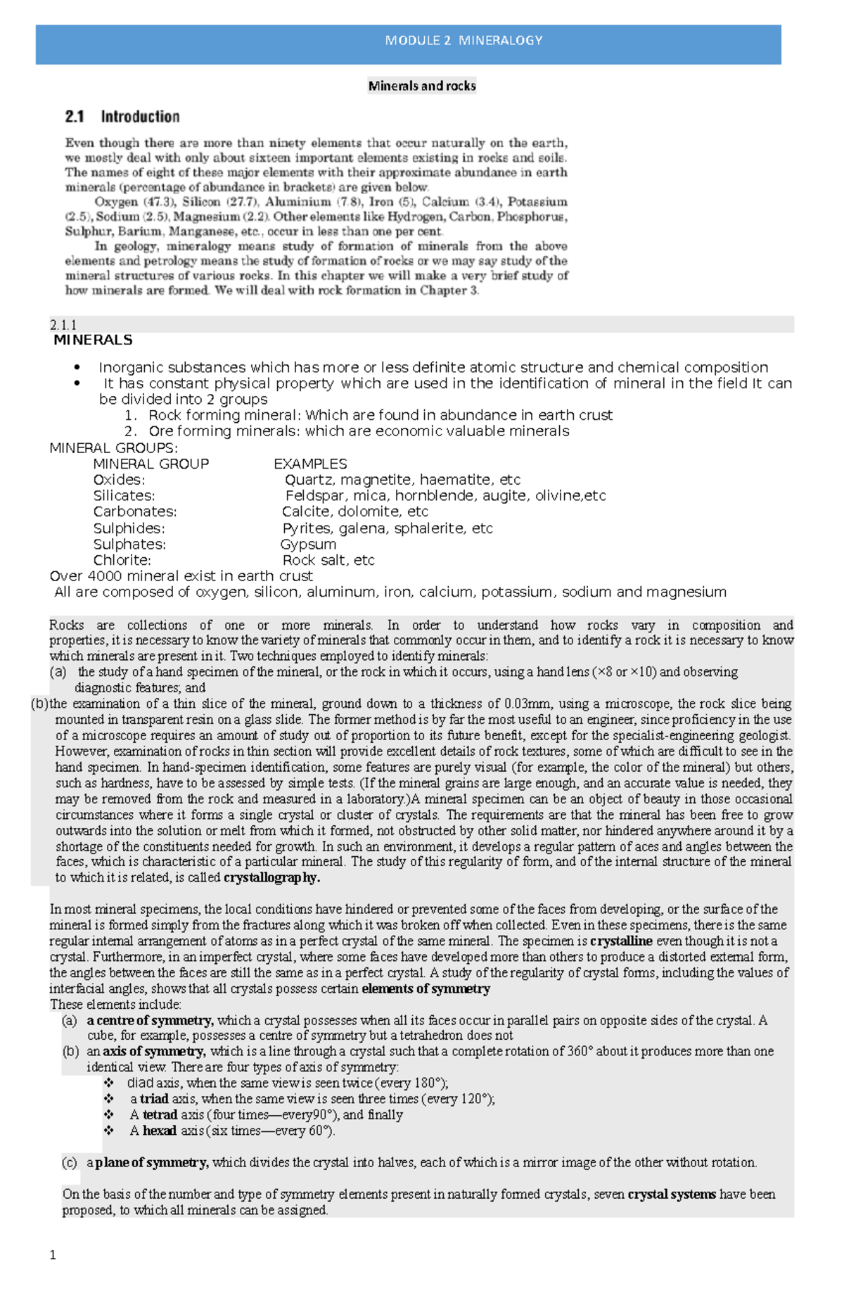 Module 2 Geology - lecture notes - Minerals and rocks 2. MINERALS ...